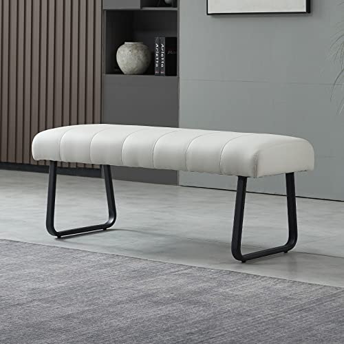 JIEXI 47in PU Leather Long Bench w/ Metal Leg, Office Chair & Footstool (White, 1.2m)