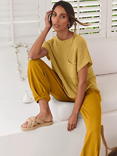 ANRABESS Women's Two Piece Outfits Knit Sweater Vest Crop Top Pants Lounge Matching Tracksuit Sweatsuit Travel Clothes Sets Yellow Large