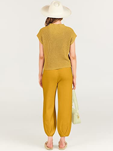 ANRABESS Women's Two Piece Outfits Knit Sweater Vest Crop Top Pants Lounge Matching Tracksuit Sweatsuit Travel Clothes Sets Yellow Large