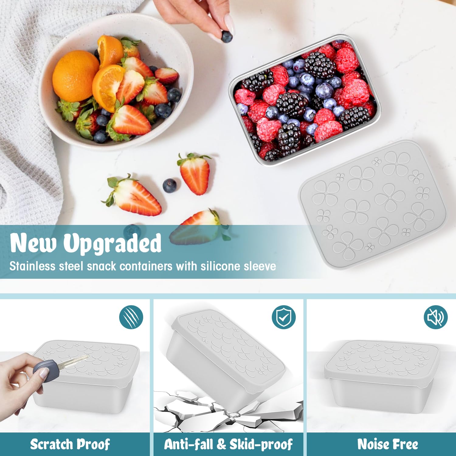 Oyrlize 4Pack Stainless Steel Snack Containers (18oz/1.6oz)- Snackbox Reusable Small Lunch box Leakproof Stainless Steel Food Storage Container Metal Mini Bento Box with Dip Containers