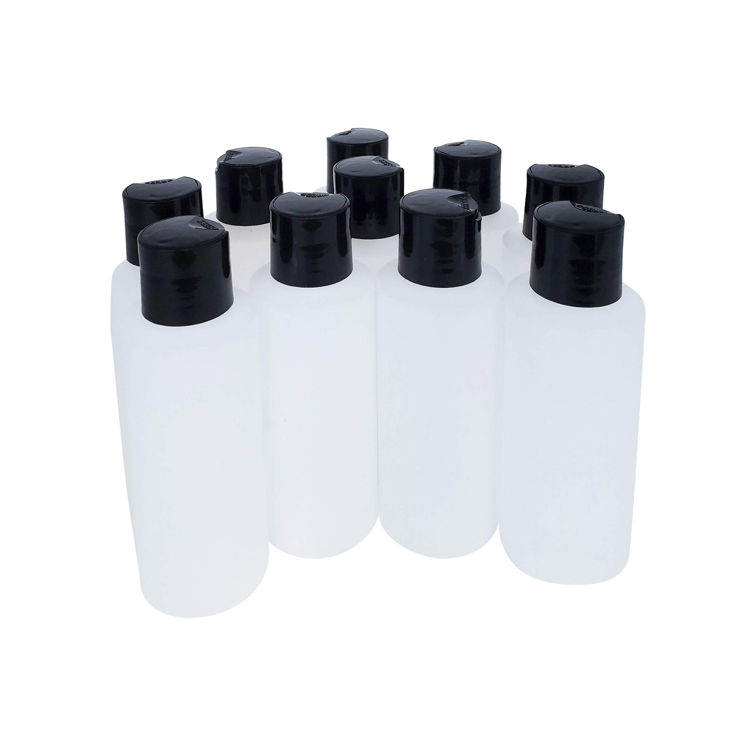 kelkaa 4oz HDPE Durable Squeezable Plastic Bottles with Black Press Disc Top Cap Natural Clear Container for Any Liquid Products, Multi-Purpose Empty Refillable Bottles (Pack of 10)