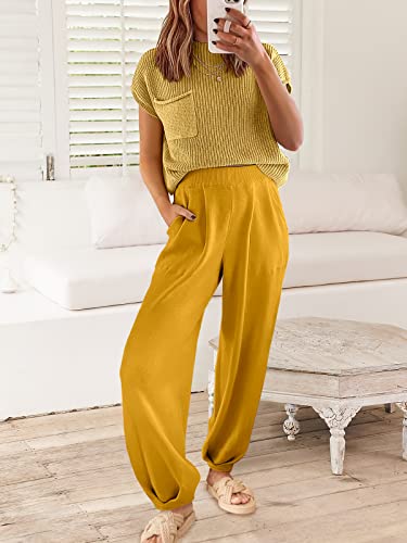 ANRABESS Women's Two Piece Outfits Knit Sweater Vest Crop Top Pants Lounge Matching Tracksuit Sweatsuit Travel Clothes Sets Yellow Large