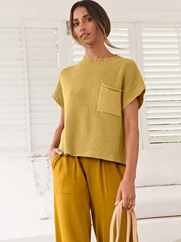 ANRABESS Women's Two Piece Outfits Knit Sweater Vest Crop Top Pants Lounge Matching Tracksuit Sweatsuit Travel Clothes Sets Yellow Large