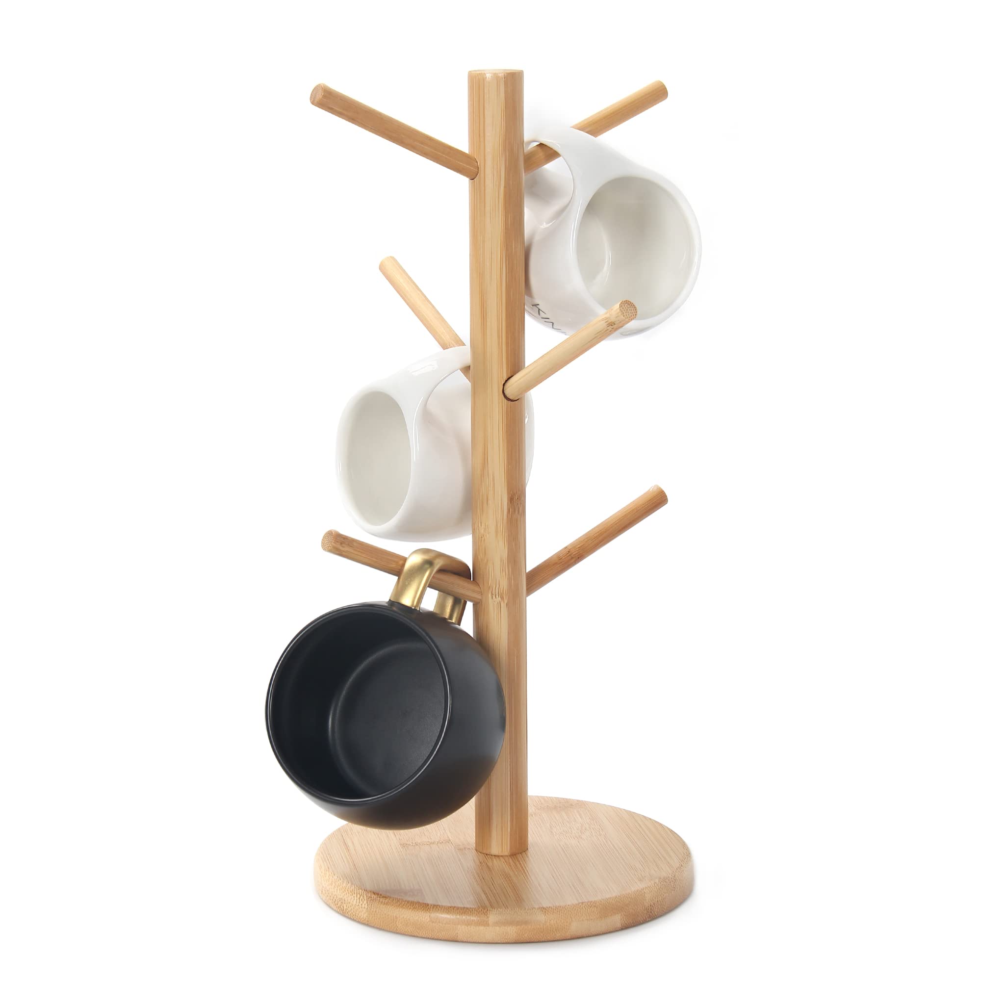 Coffee Mug Holder for Counter, Bamboo Coffee Mug Tree Stand, Removable Coffee Mug Rack with 6 Hooks Mug Shelf, Coffee Cup Holder, Can be Used as Bracelet Jewelry Holder, Scrunchie Holder Organizer