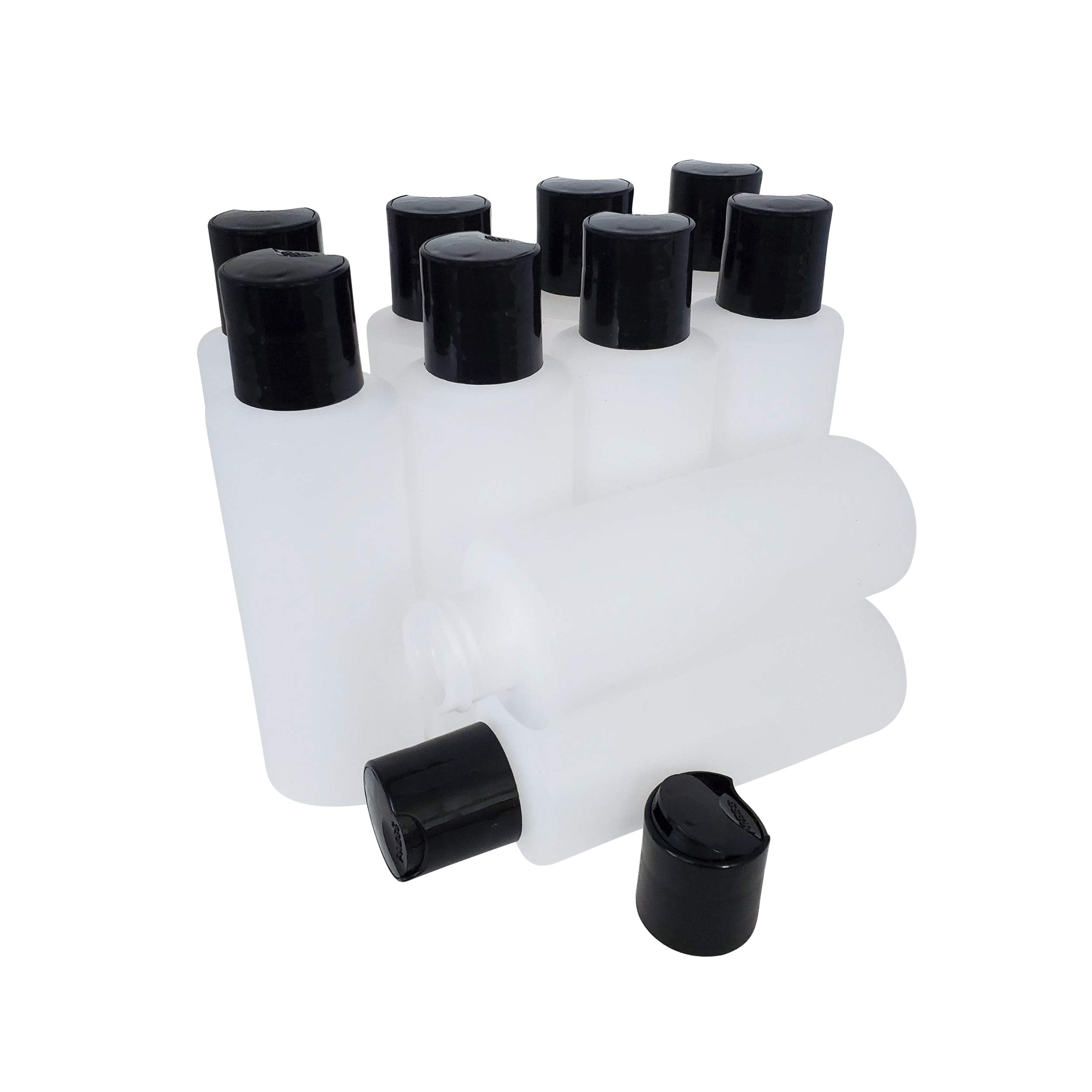 kelkaa 4oz HDPE Durable Squeezable Plastic Bottles with Black Press Disc Top Cap Natural Clear Container for Any Liquid Products, Multi-Purpose Empty Refillable Bottles (Pack of 10)