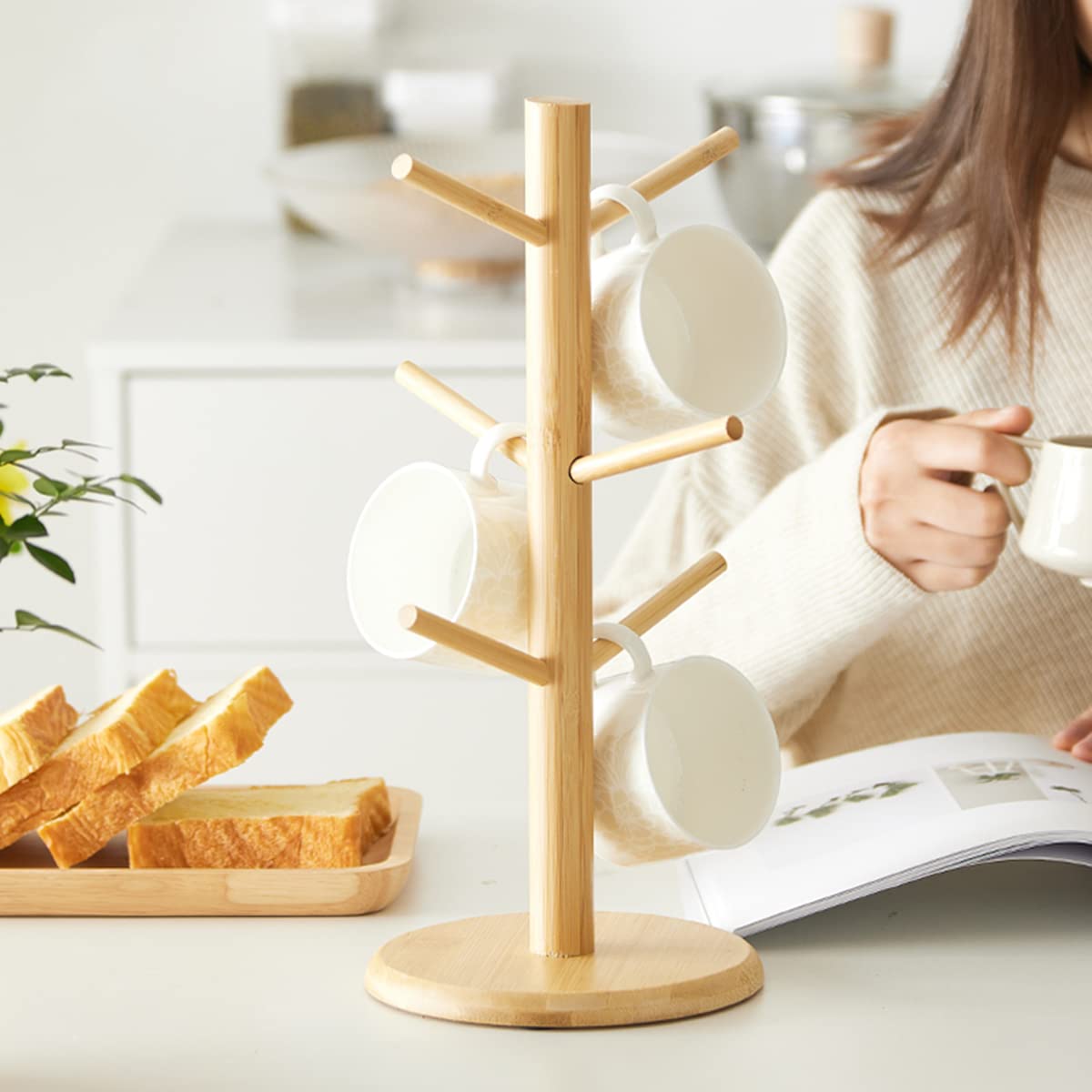 Coffee Mug Holder for Counter, Bamboo Coffee Mug Tree Stand, Removable Coffee Mug Rack with 6 Hooks Mug Shelf, Coffee Cup Holder, Can be Used as Bracelet Jewelry Holder, Scrunchie Holder Organizer