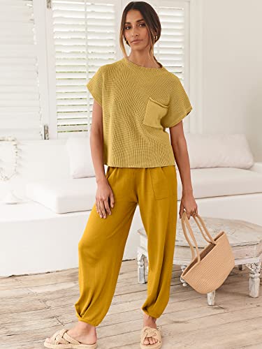 ANRABESS Women's Two Piece Outfits Knit Sweater Vest Crop Top Pants Lounge Matching Tracksuit Sweatsuit Travel Clothes Sets Yellow Large
