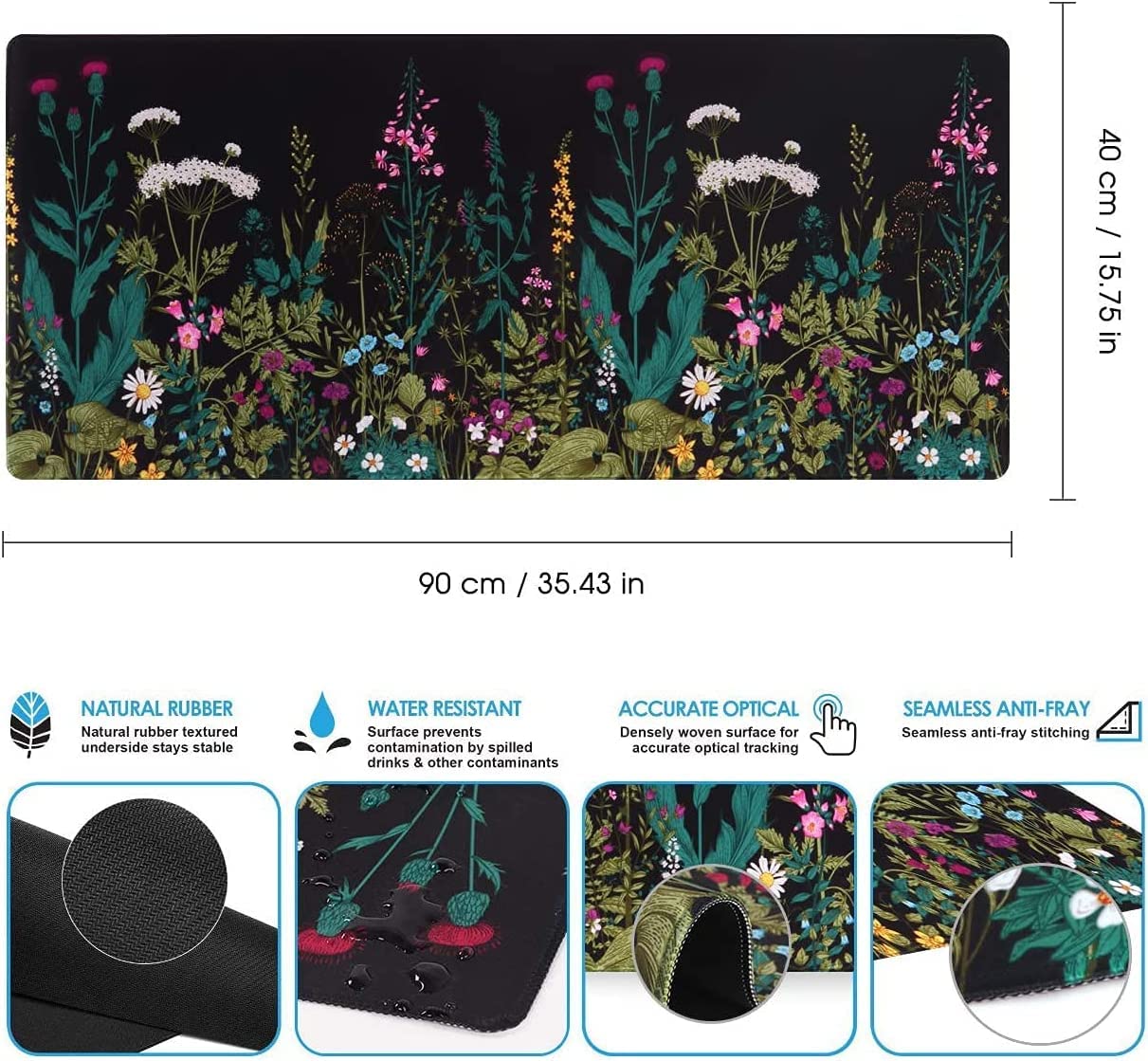 iCasso Extended Gaming Mouse Pad (35.4x15.7 in), Large Stable Rubber Base Mousepad with Stitched Edges, Keyboard Mouse Mat Desk Pad for Work, Game, Office, Home - Weeds