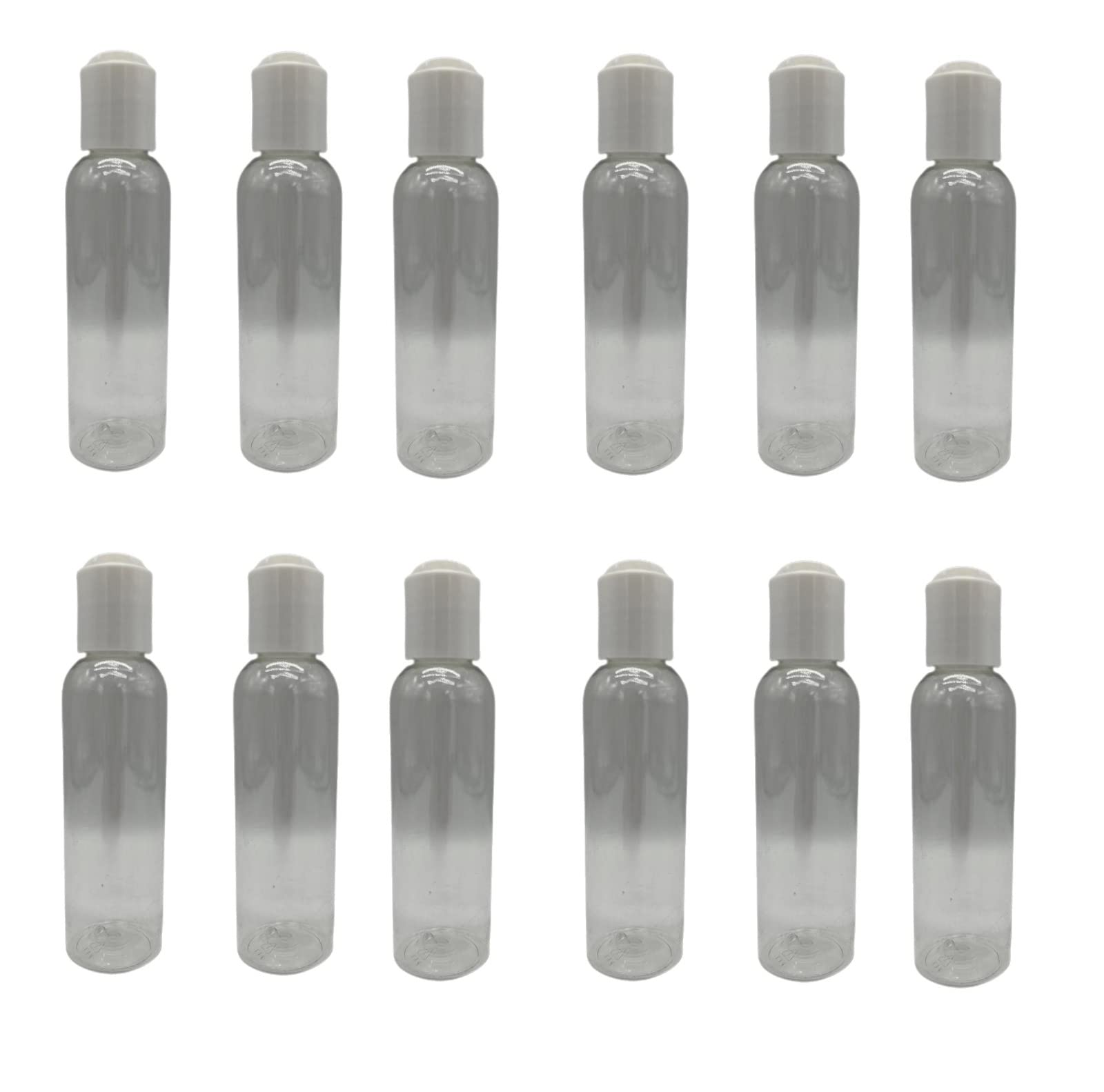 Natural Farms 4 oz Clear Cosmo Plastic Bottles -12 Pack Empty Bottle Refillable - BPA Free - Essential Oils - Aromatherapy | White Press Down Disc Cap - Made in the USA