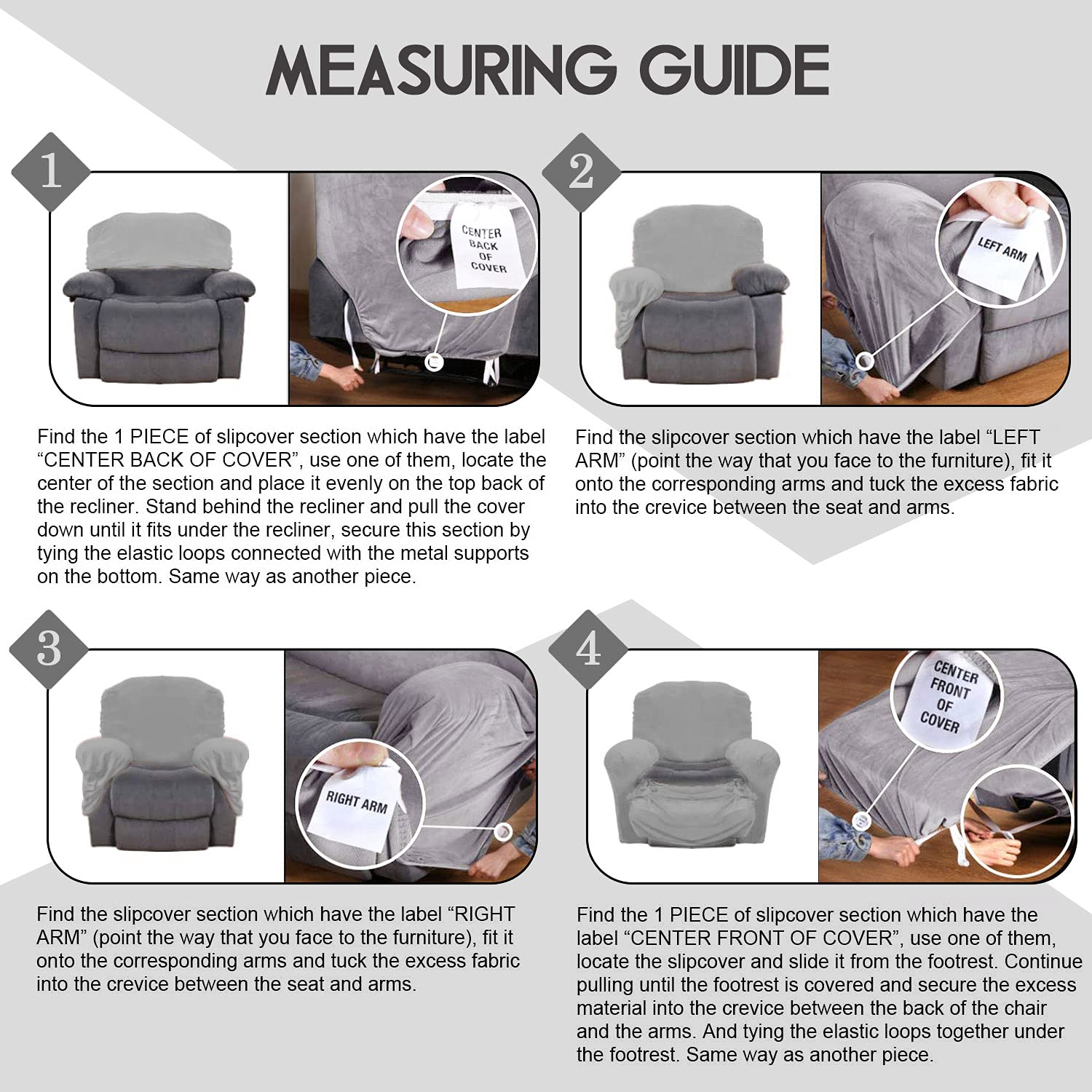 ULTICOR 4-Piece, 1 Seat Recliner Cover, Velvet Stretch Reclining Chair Covers for 1 Cushion Reclining Sofa, Single Seat Recliner Couch Cover, Thick, Very Soft, Machine Washable (Light Grey)
