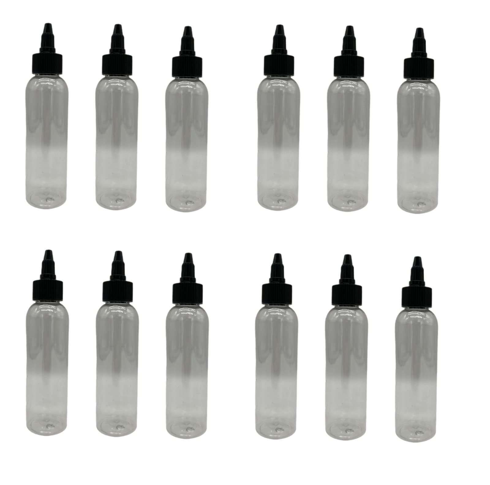 Natural Farms 4 oz Clear Cosmo Plastic Bottles -12 Pack Empty Bottle Refillable - BPA Free - Essential Oils - Aromatherapy | Black Twist Top Cap - Made in the USA