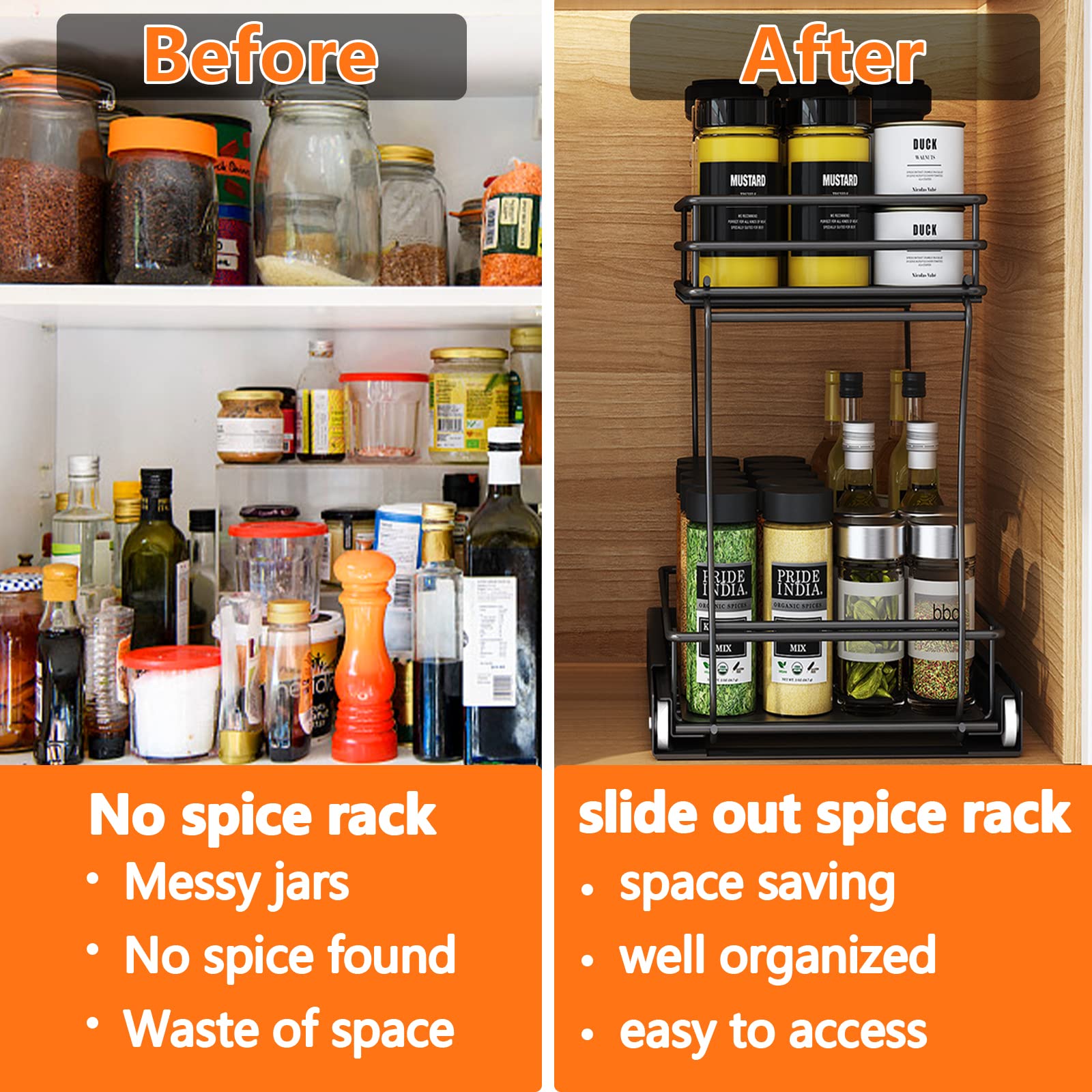 Pull Out Snack Cupboard Organizers with Two Tier Sliding Small Spice Rack for Inside Cabinet,Under Kitchen Bathroom Sink Drawer Organization Baskets and Storage Fits Spices, Sauces, Cans (10"x8"x8")