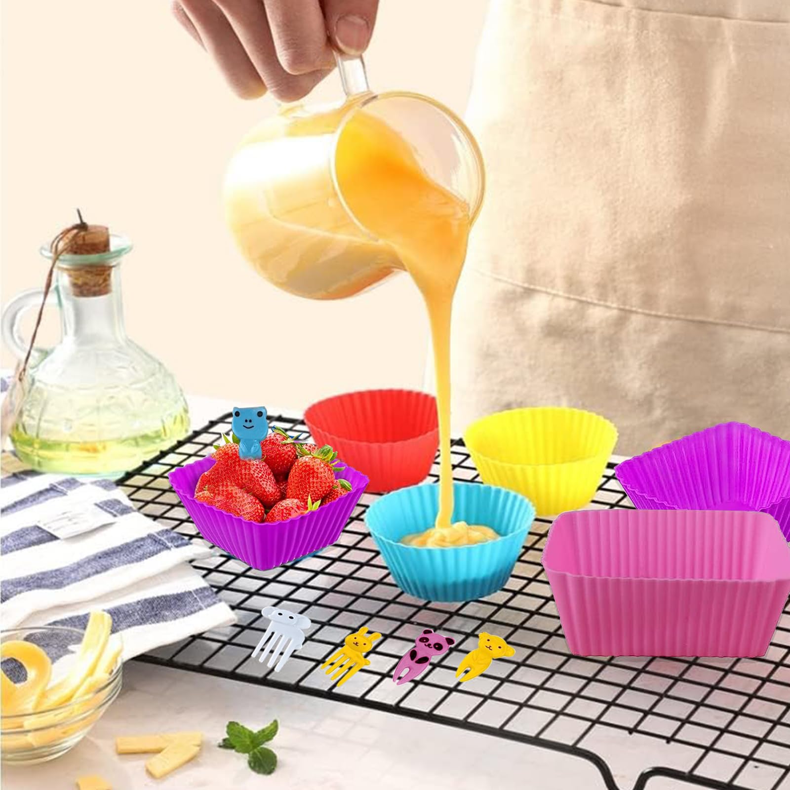 ABSOK 60 Pcs Silicone Lunch Box Dividers bento box accessories Silicone Cupcake Liners,Bento Lunch Box Dividers with Food Picks for Lunch Containers