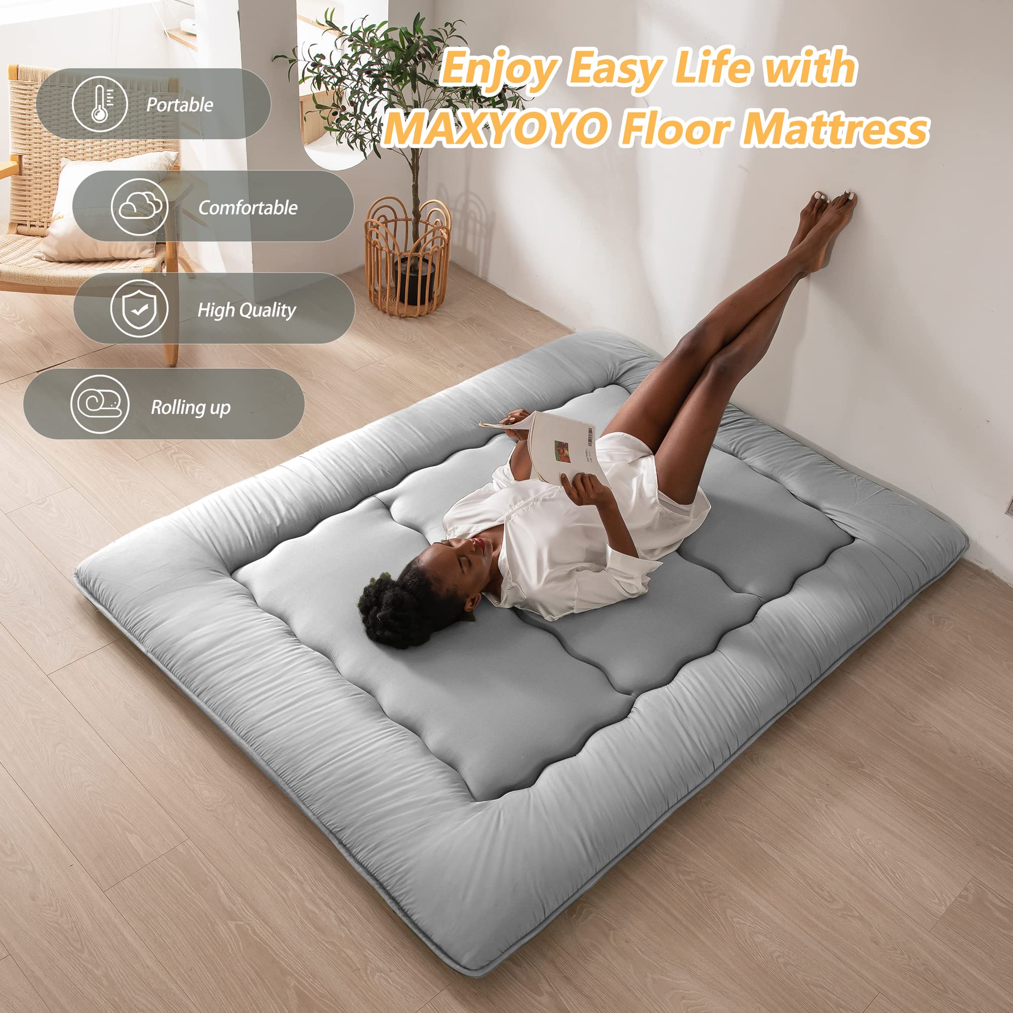 MAXYOYO Japanese Floor Mattress Futon Mattress, Thicken Daybed Futon Roll Up Guest Mattress Thicken Sleeping Pad Foldable Tatami Mat Floor Lounger Bed Couches and Sofas, Grey, Queen