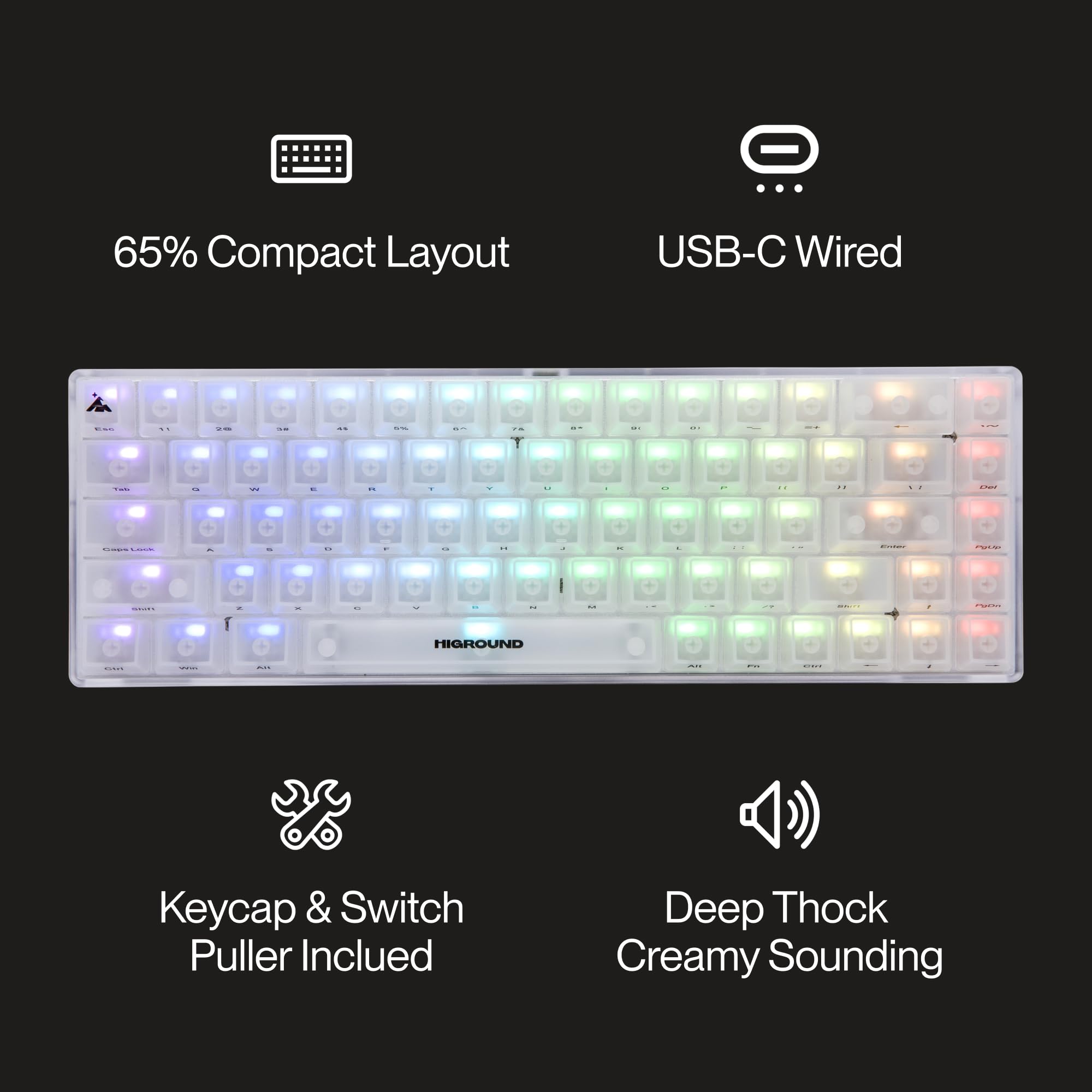 Higround Crystal Opal Basecamp 65% Mechanical USB Wired Gaming Keyboard, Silent Glacier Switches, Programable RGB, Transparent/Translucent, Hot-Swappable, Deep Thock Creamy Sounding PC Keyboard