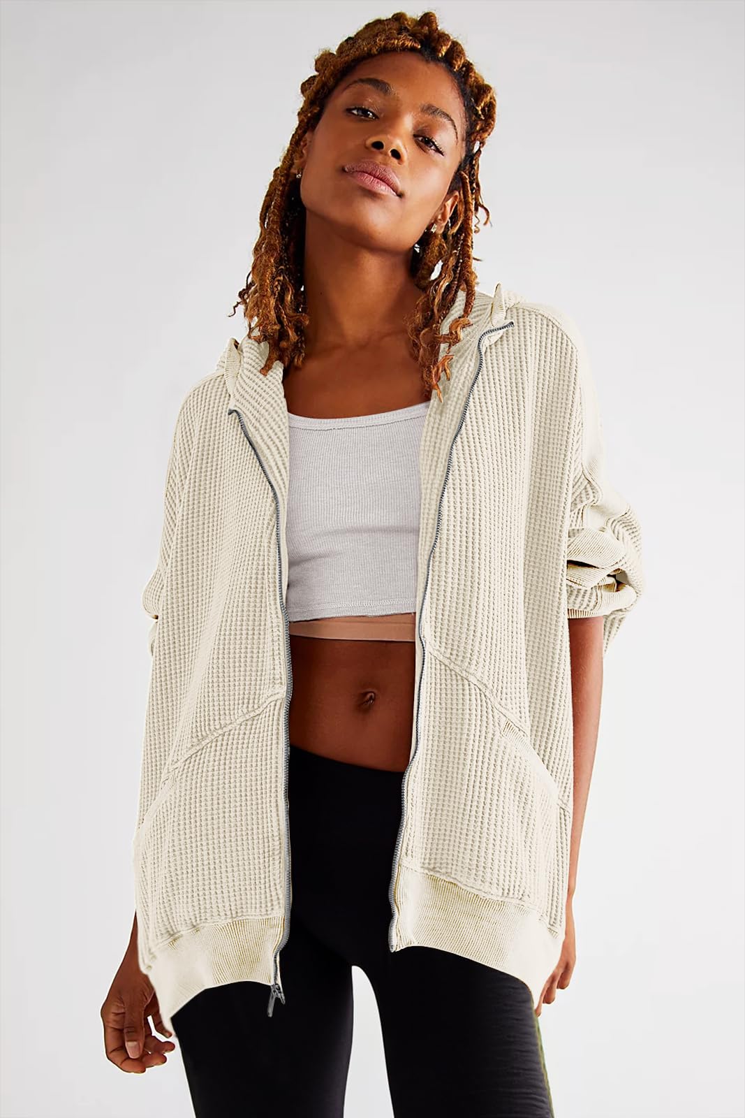 Womens Fashion Zip Up Hoodies Oversized Waffle Knit Jacket Shirts Long Sleeve Solid Shacket Blouse with Pockets