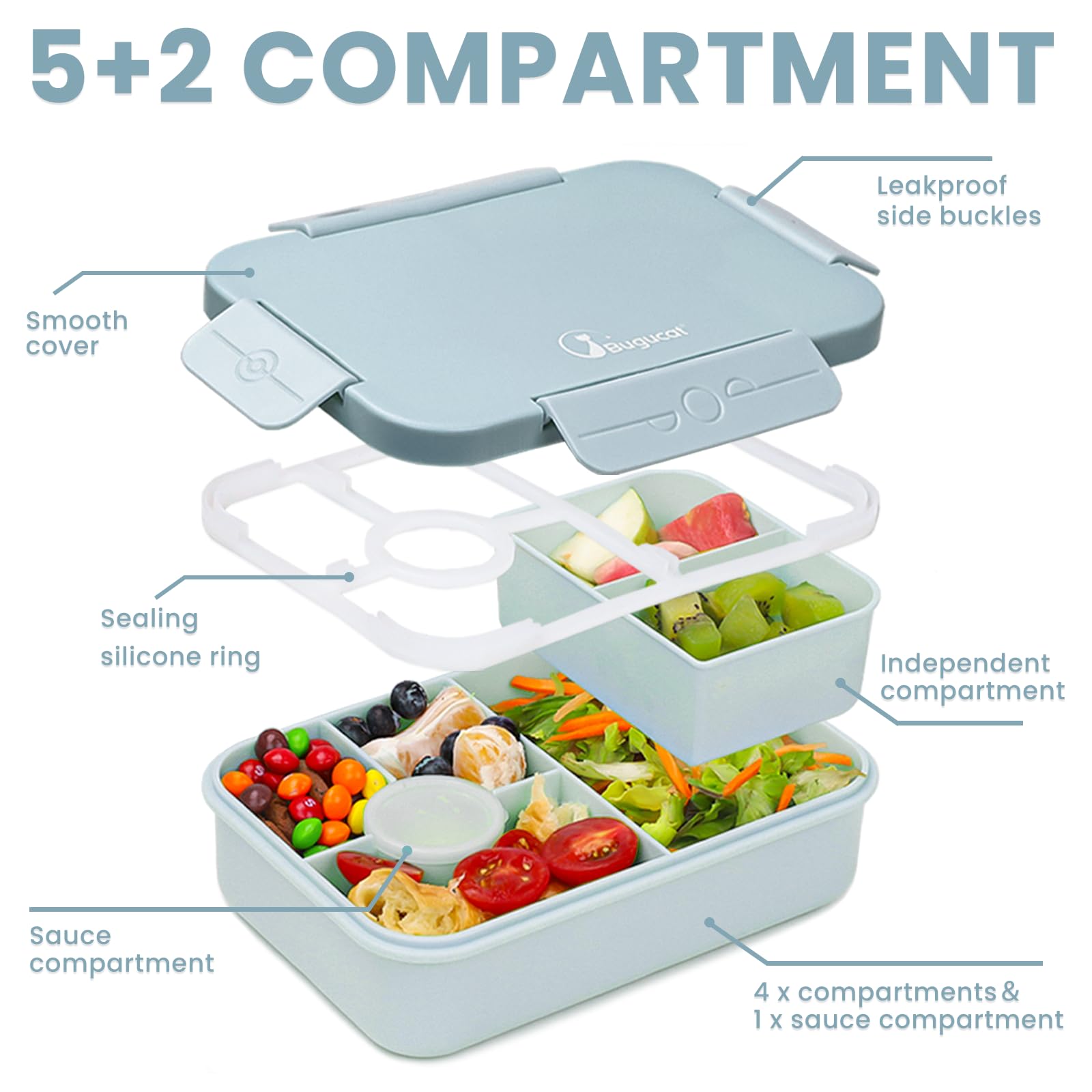 Bugucat Bento Box Adult Lunch Box, 1300Ml/45OZ Leak-Proof Lunch Box with 4 Compartments Cutlery Sauce Container, Lunch containers for Adults/Kids/Toddler Suitable for School