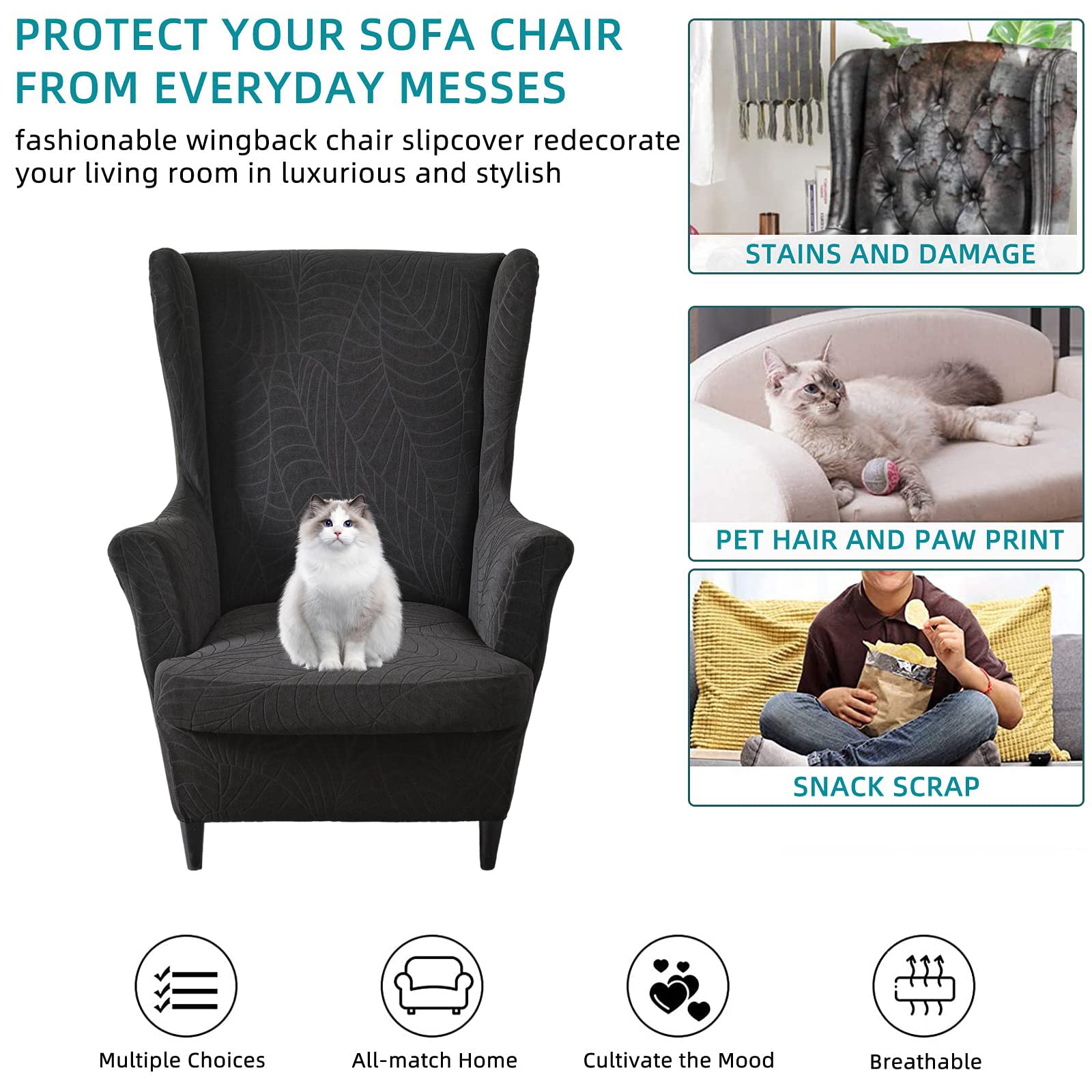 CRFATOP Jacquard Wingback Chair Slipcovers 2 Piece Stretch Leaf Wingback Chair Cover Polyester Fabric Wing Armchair Covers with Elastic Bottom for Living Room Bedroom Wingback Chair,A08
