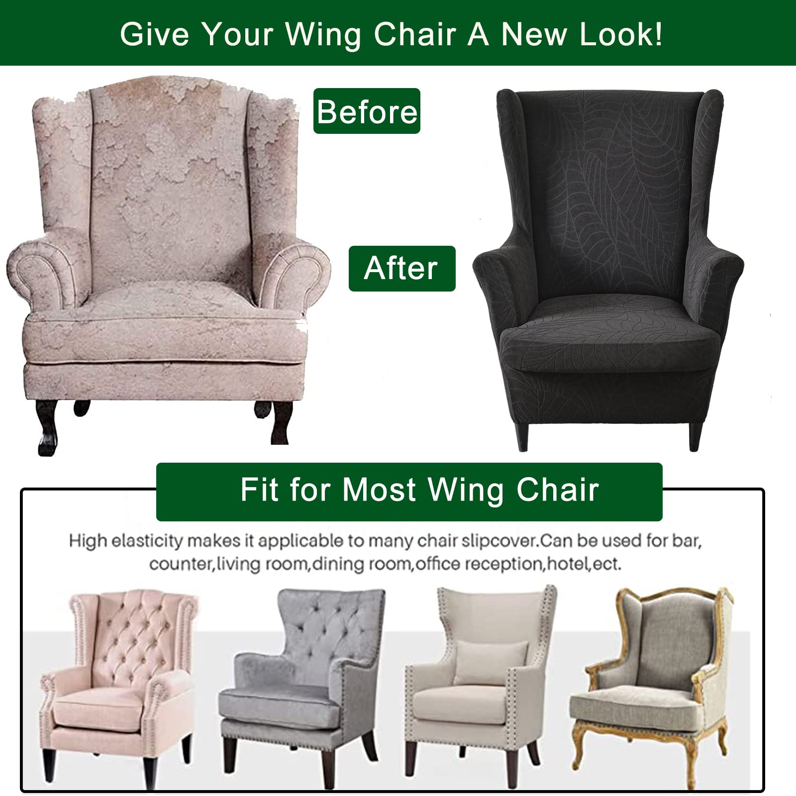 CRFATOP Jacquard Wingback Chair Slipcovers 2 Piece Stretch Leaf Wingback Chair Cover Polyester Fabric Wing Armchair Covers with Elastic Bottom for Living Room Bedroom Wingback Chair,A08