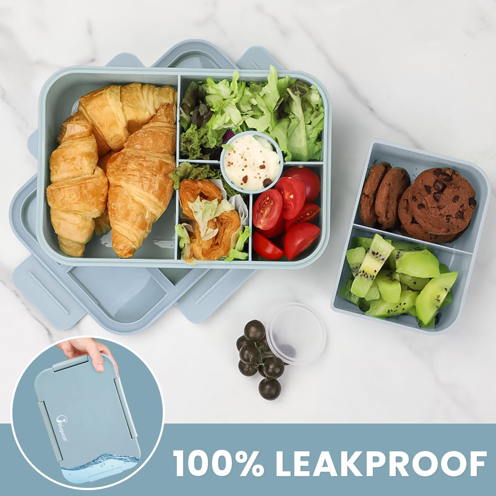 Bugucat Bento Box Adult Lunch Box, 1300Ml/45OZ Leak-Proof Lunch Box with 4 Compartments Cutlery Sauce Container, Lunch containers for Adults/Kids/Toddler Suitable for School