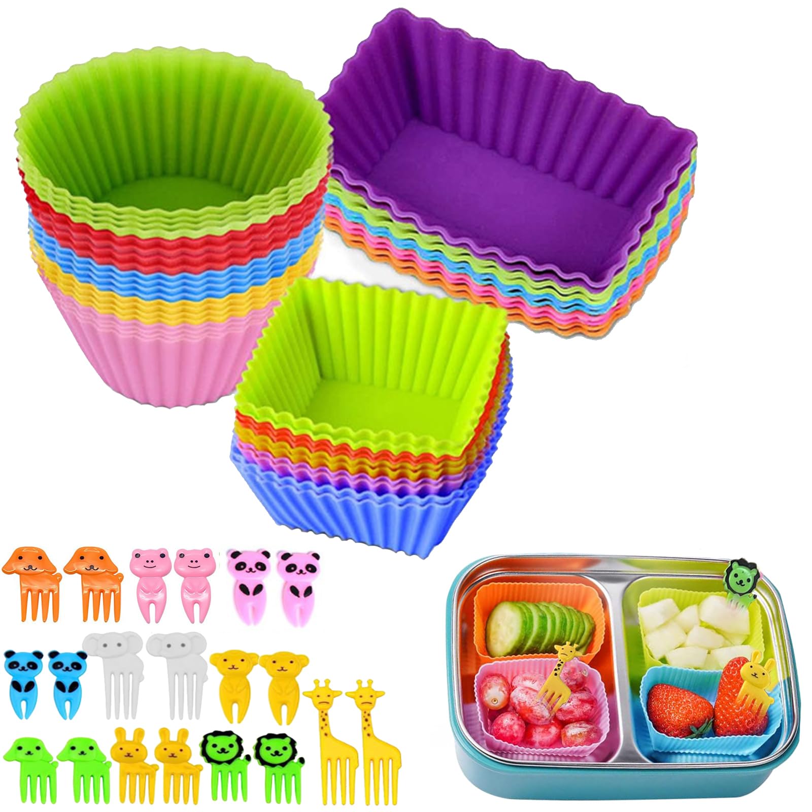 ABSOK 60 Pcs Silicone Lunch Box Dividers bento box accessories Silicone Cupcake Liners,Bento Lunch Box Dividers with Food Picks for Lunch Containers