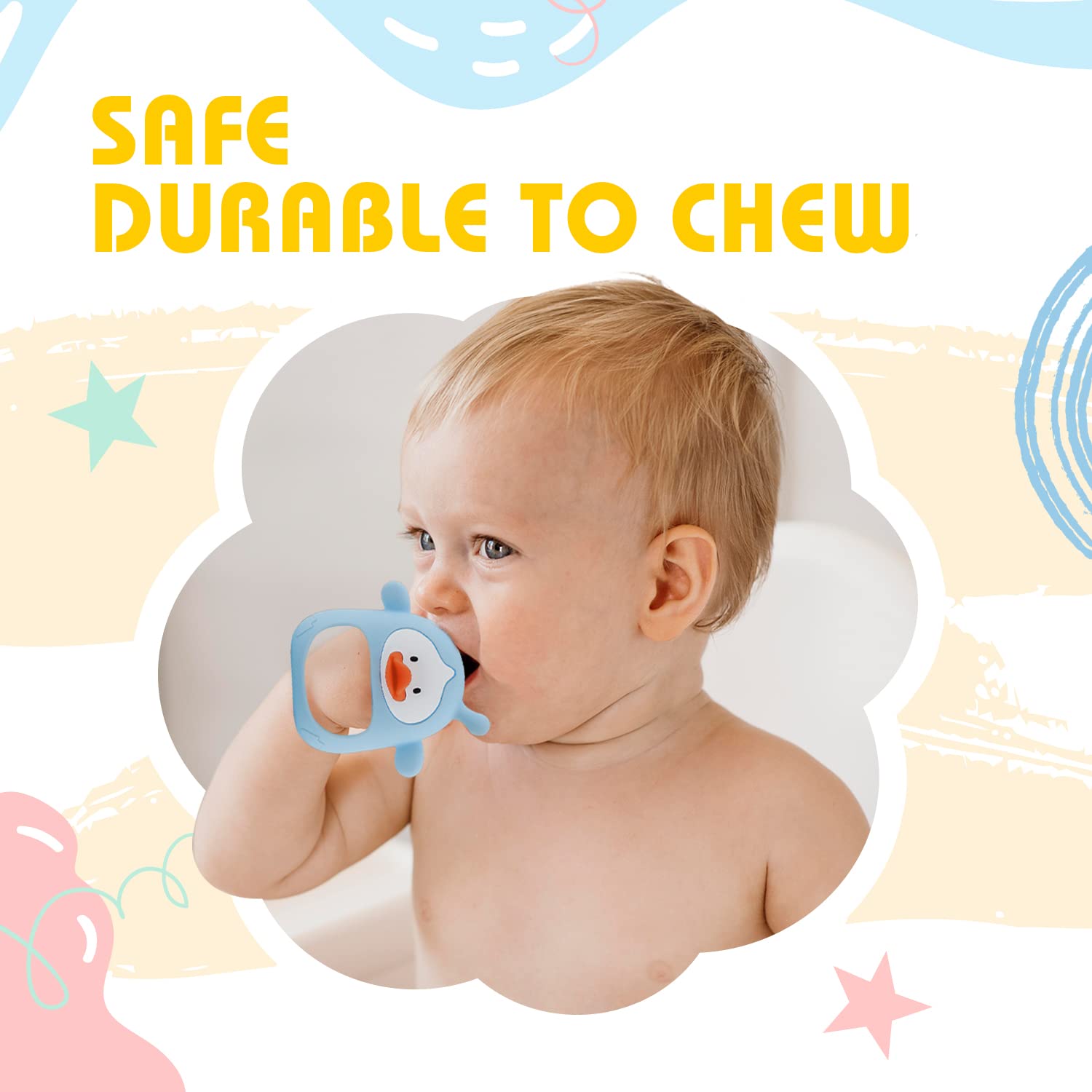 Baby Teething Toys, Duck Baby Teether Toy for Babies 3+ Months, Baby Chew Toys for Sucking Needs, Never Drop Silicone Baby Mitten Teether for Soothing Teething Pain Relief Green