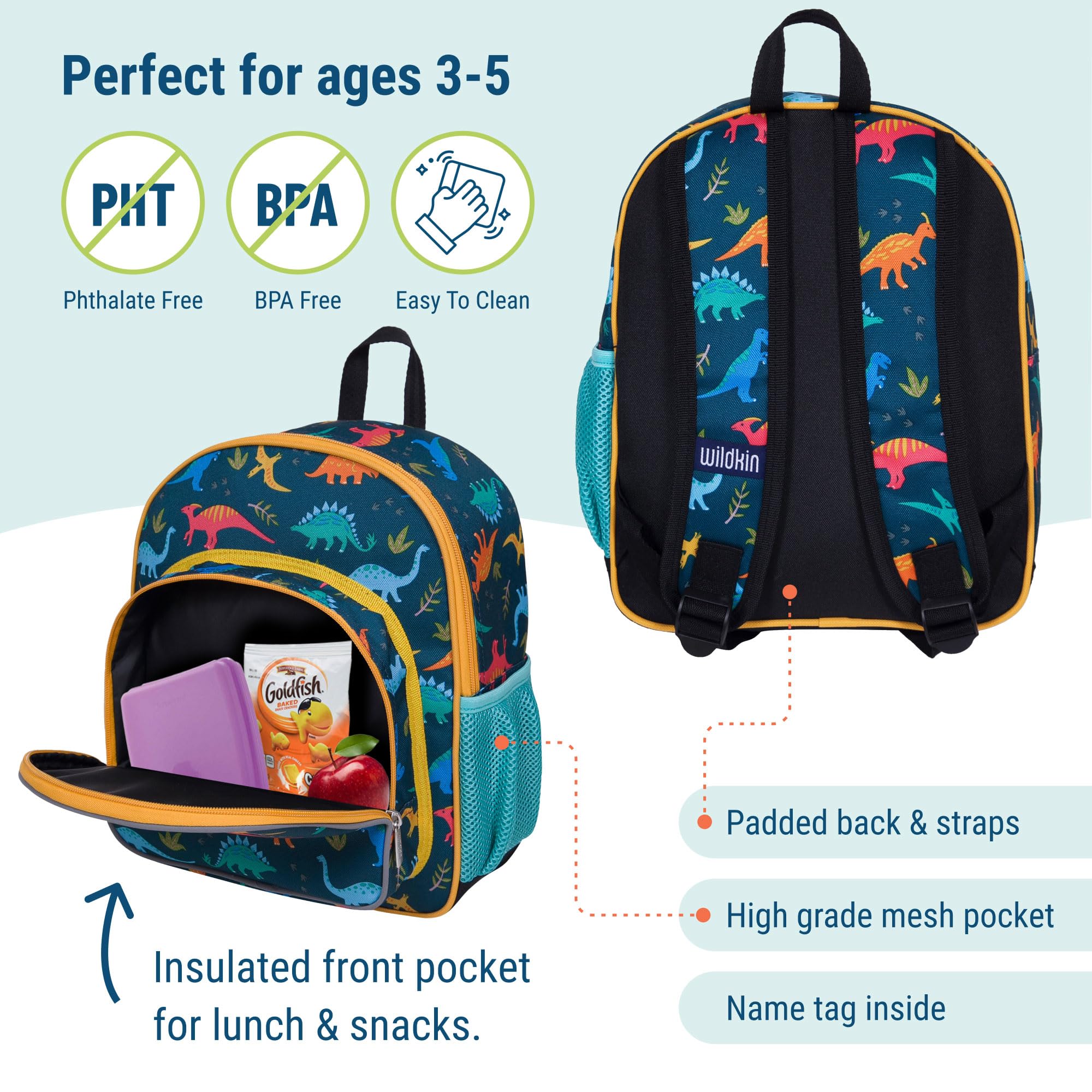 Wildkin 12-inch Kids Backpack β Padded, Adjustable, Ideal for Daycare & Travel - Jurassic Dinosaurs