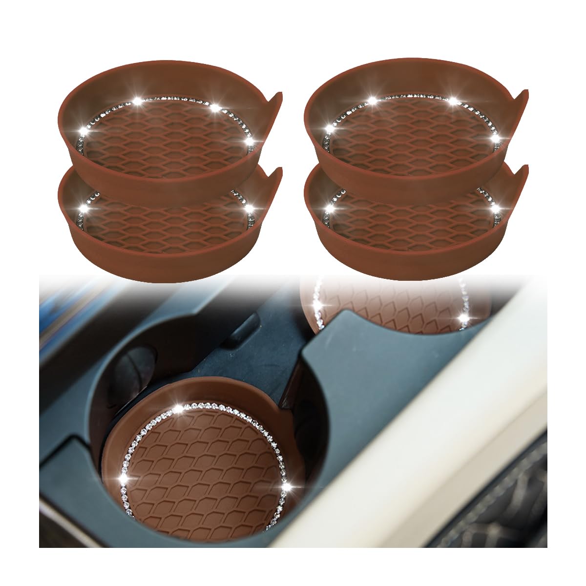 zipelo Bling Car Cup Coaster, 4 Pack Universal Vehicle Anti-Slip Cup Holder Insert Coasters, Crystal Rhinestone Silicone Shockproof Drink Mat, Car Interior Accessories (Coffee)