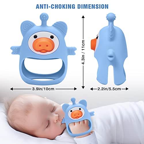 MQGX Teething Toys, Hand Teether for Babies 0-6 Months Never Drop Pig BPA Free, Infants Mitten Teether for Soothing Teething Pain Relief, Chew Toys for Bayby Sucking Needs (Blue)