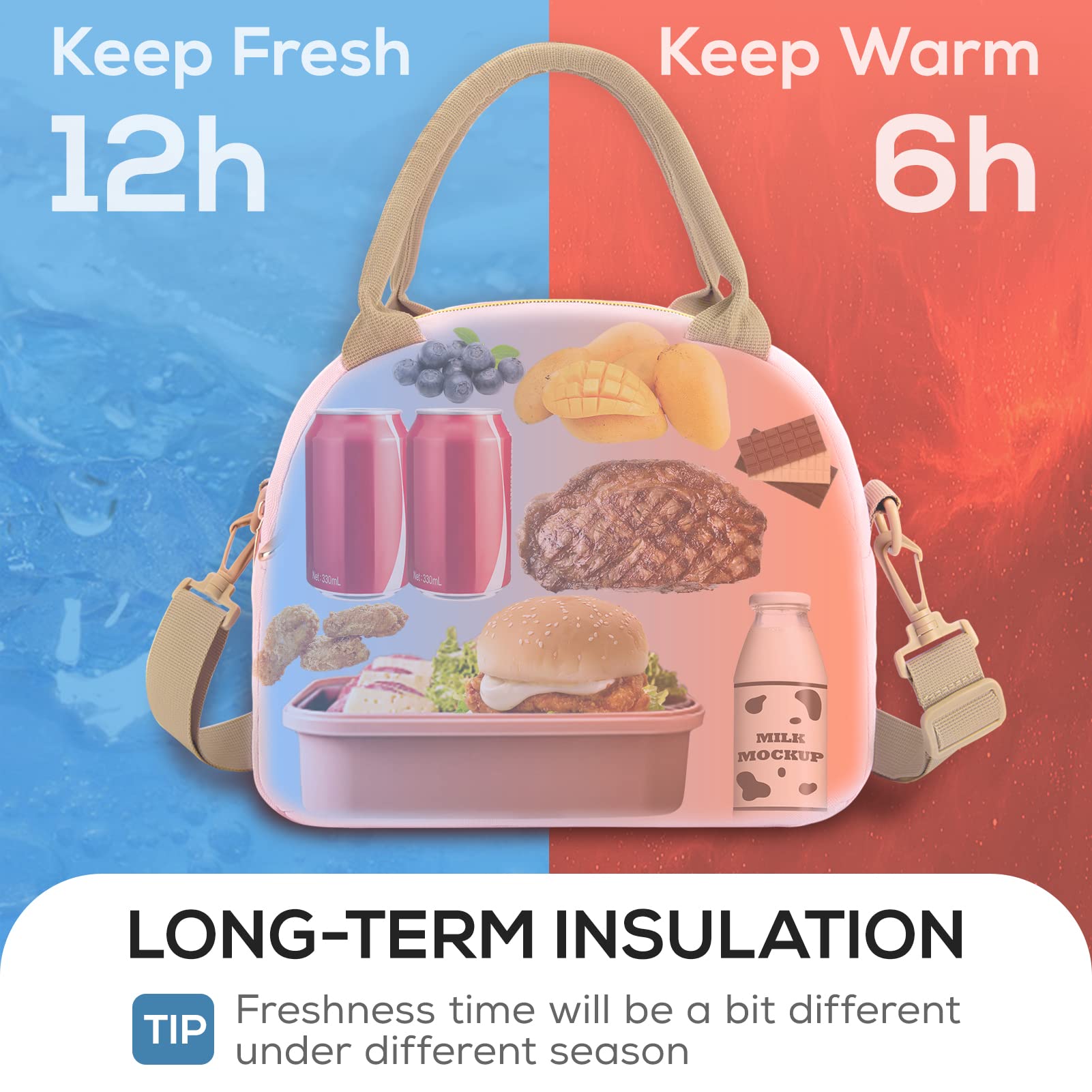 TOURIT Womens Insulated Lunch Bag Thermal Reusable Tote for Work Picnic, Hot Pink