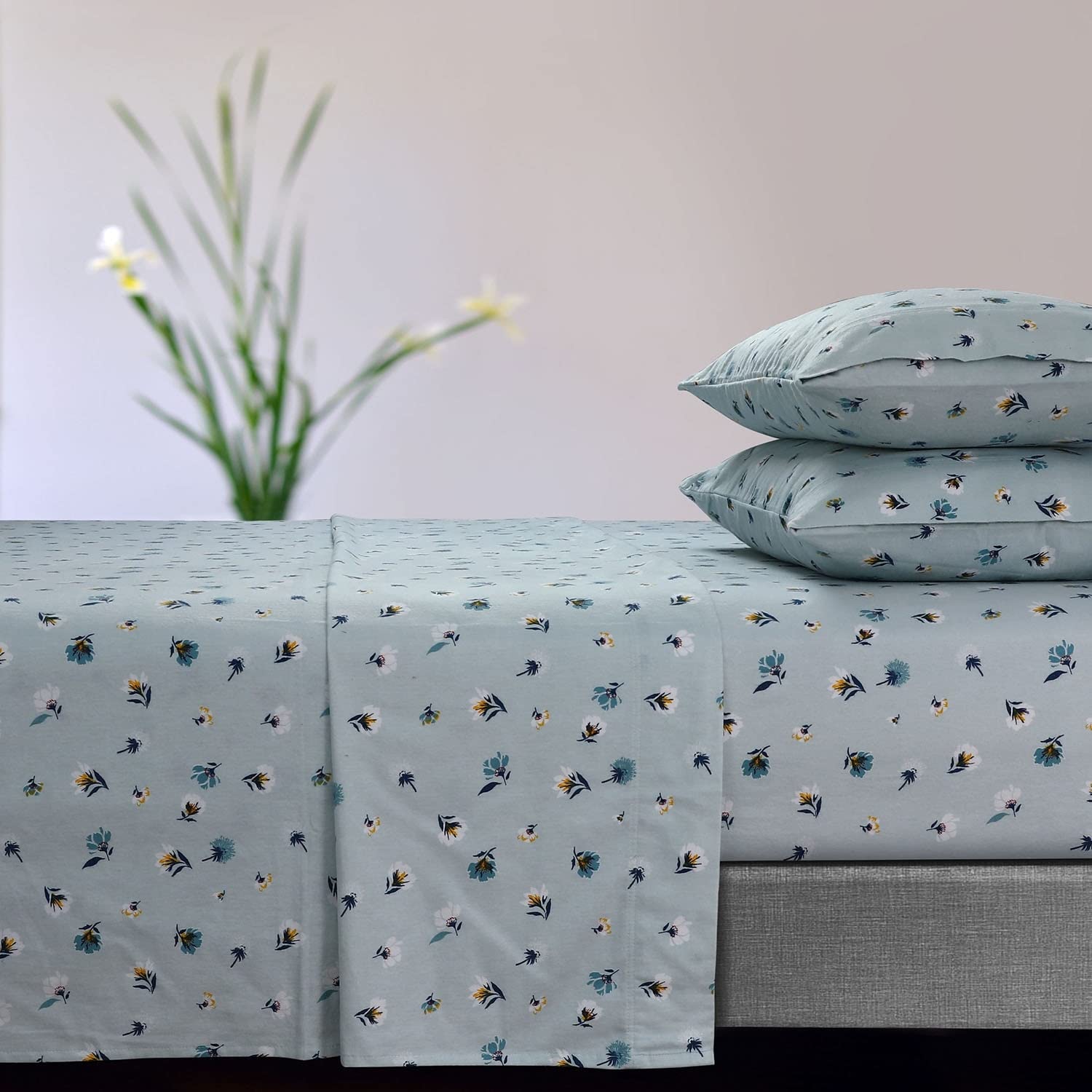 Tribeca Living Katy Floral 170-GSM Flannel Extra Deep Pocket Sheet Set Queen Green, (KATYSHEQUBL)