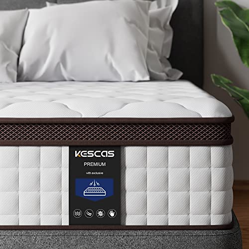 Kescas Queen Size Mattress, 12 Inch Hybrid Mattress with Memory Foam & Heavier Coils, Ergonomic Design for Pressure Relief, Medium Firm Feel