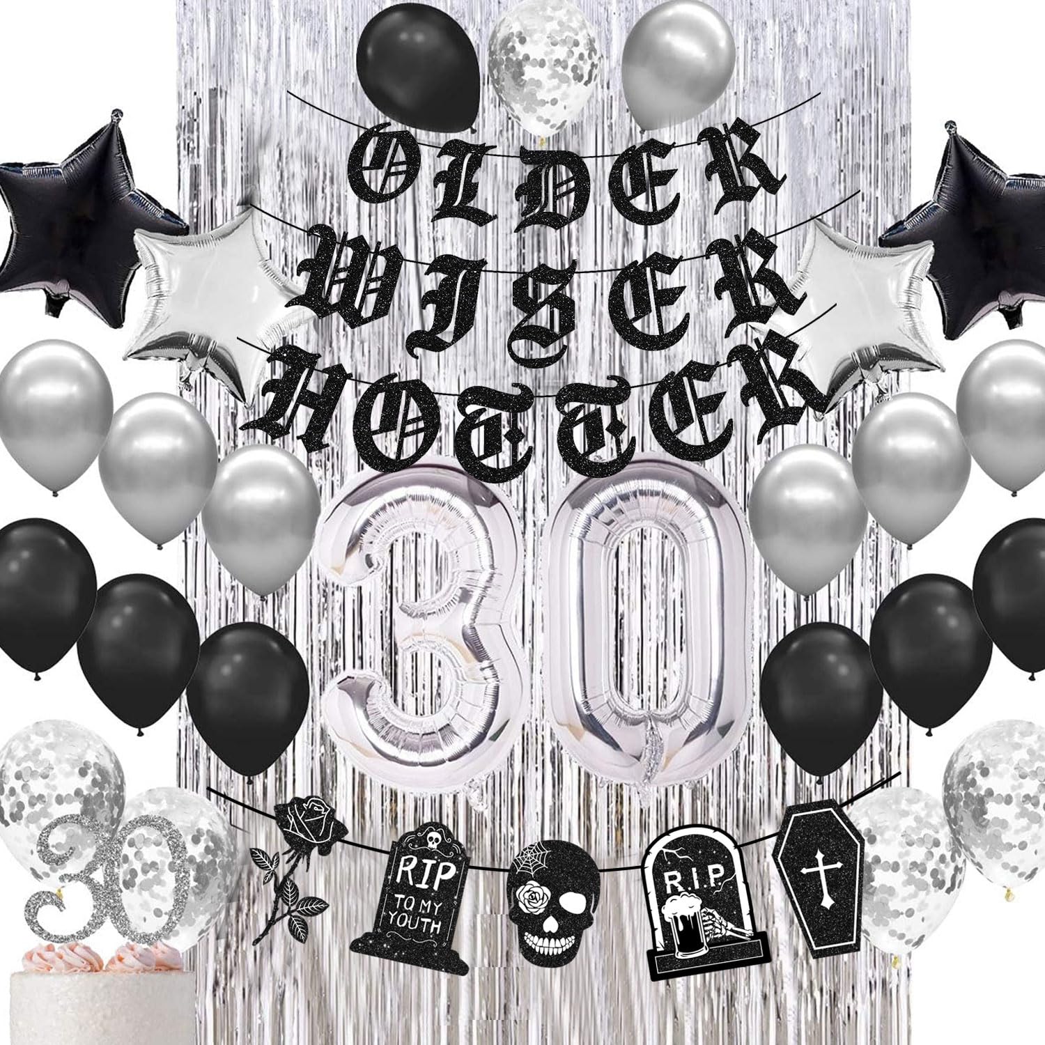 Older Wiser Hotter Banner Funny Black Party Decorations for Women Men Glitter Gothic 30th 40th 50th 60th Birthday Banner Funeral 30th Birthday Party Supplies