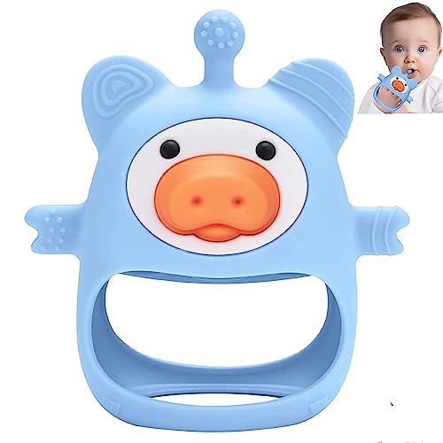 MQGX Teething Toys, Hand Teether for Babies 0-6 Months Never Drop Pig BPA Free, Infants Mitten Teether for Soothing Teething Pain Relief, Chew Toys for Bayby Sucking Needs (Blue)