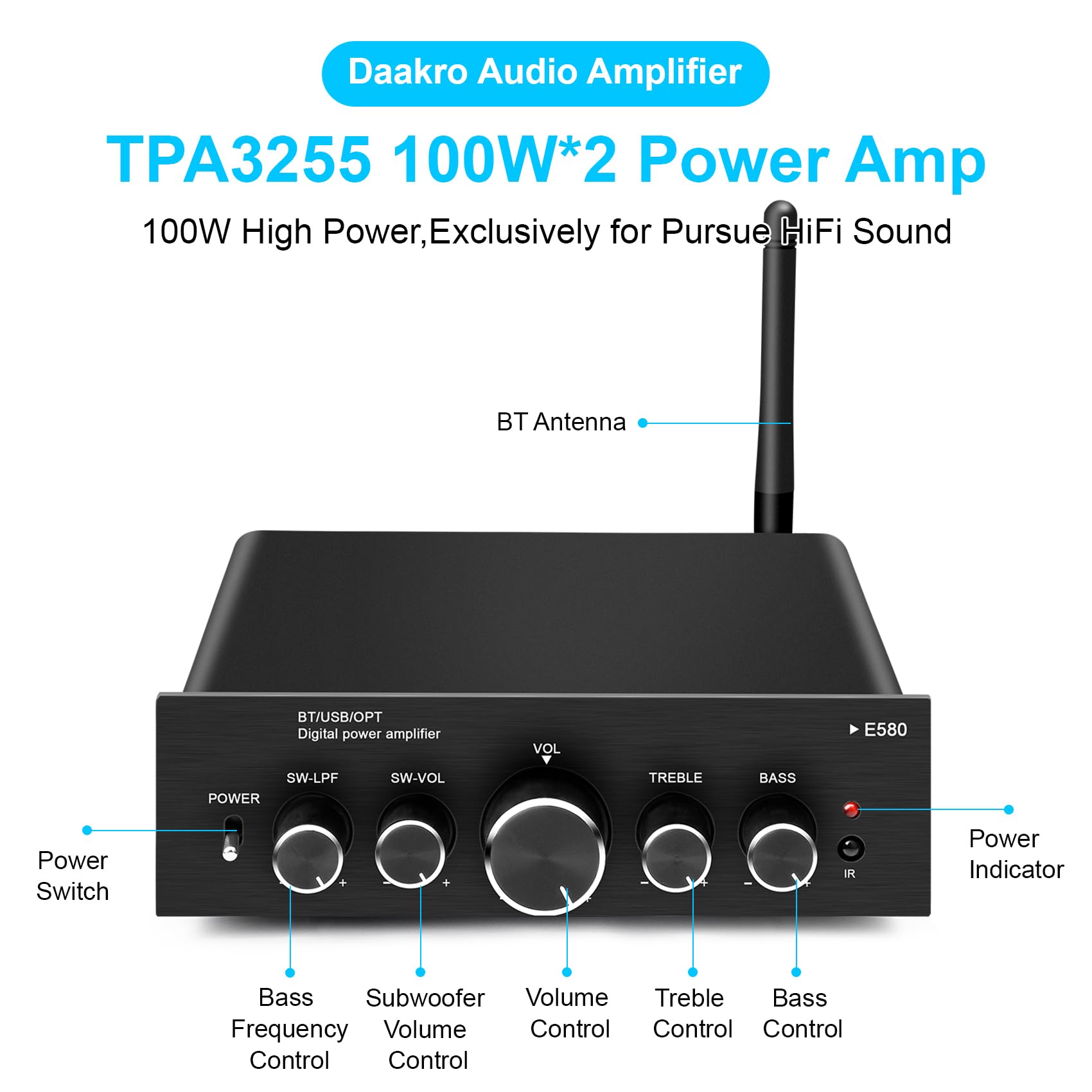 Daakro Stereo Audio Receiver Amplifier,100W Bluetooth 5.0 Mini Hi-Fi Audio Amp,2.1 Channel Amplifier Receiver with Bass and Treble Control for Home Outdoor Speakers/Subwoofer (with Power Supply)