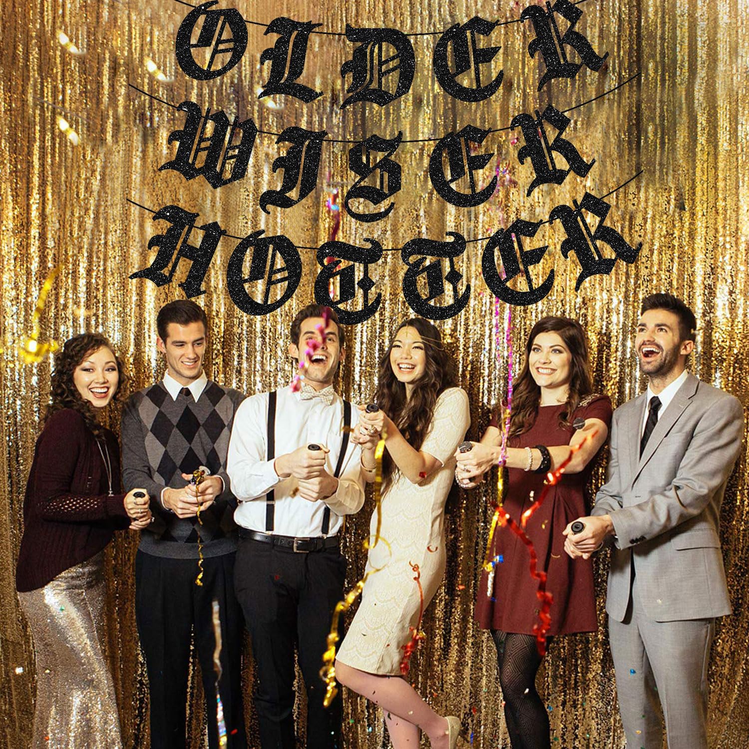 Older Wiser Hotter Banner Funny Black Party Decorations for Women Men Glitter Gothic 30th 40th 50th 60th Birthday Banner Funeral 30th Birthday Party Supplies