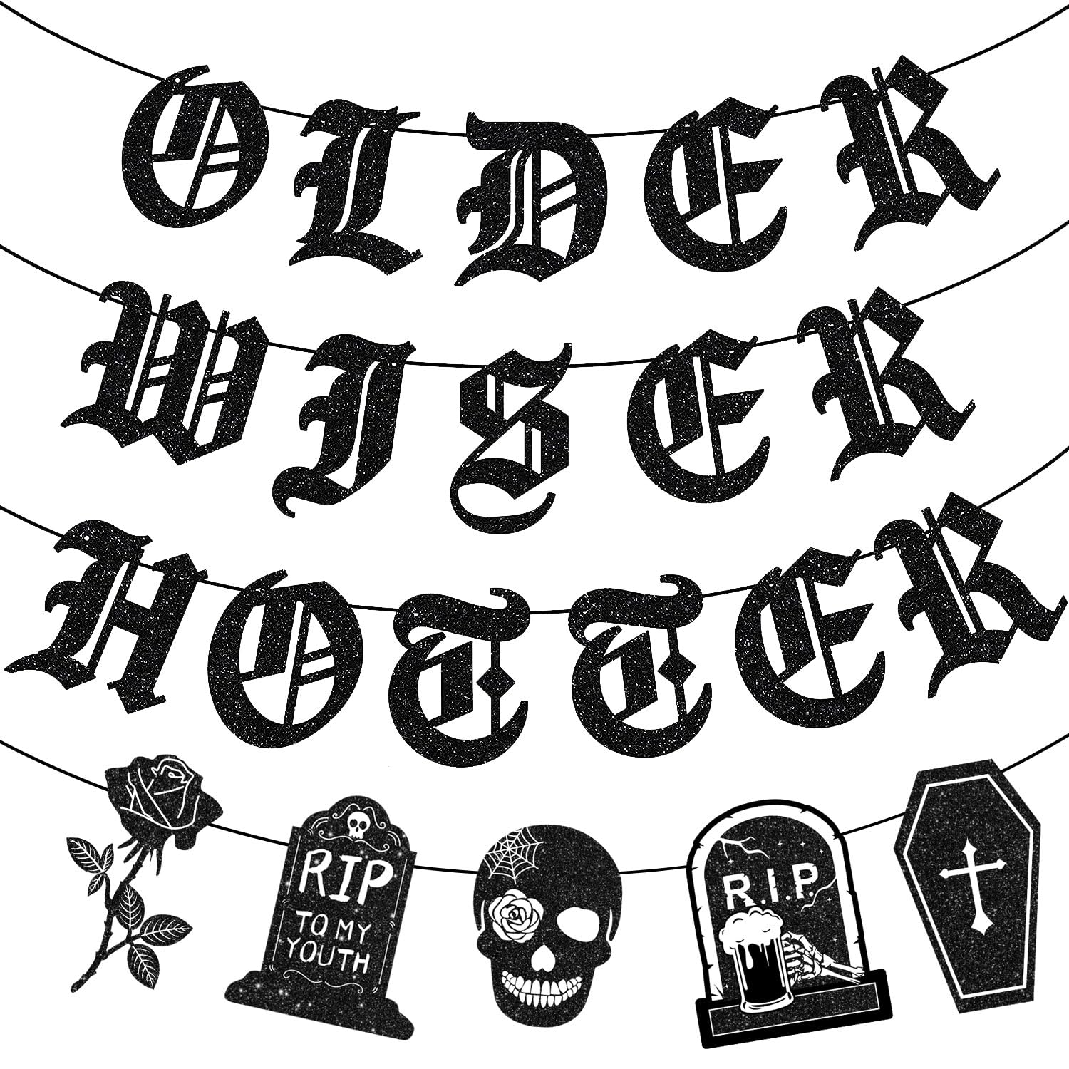 Older Wiser Hotter Banner Funny Black Party Decorations for Women Men Glitter Gothic 30th 40th 50th 60th Birthday Banner Funeral 30th Birthday Party Supplies