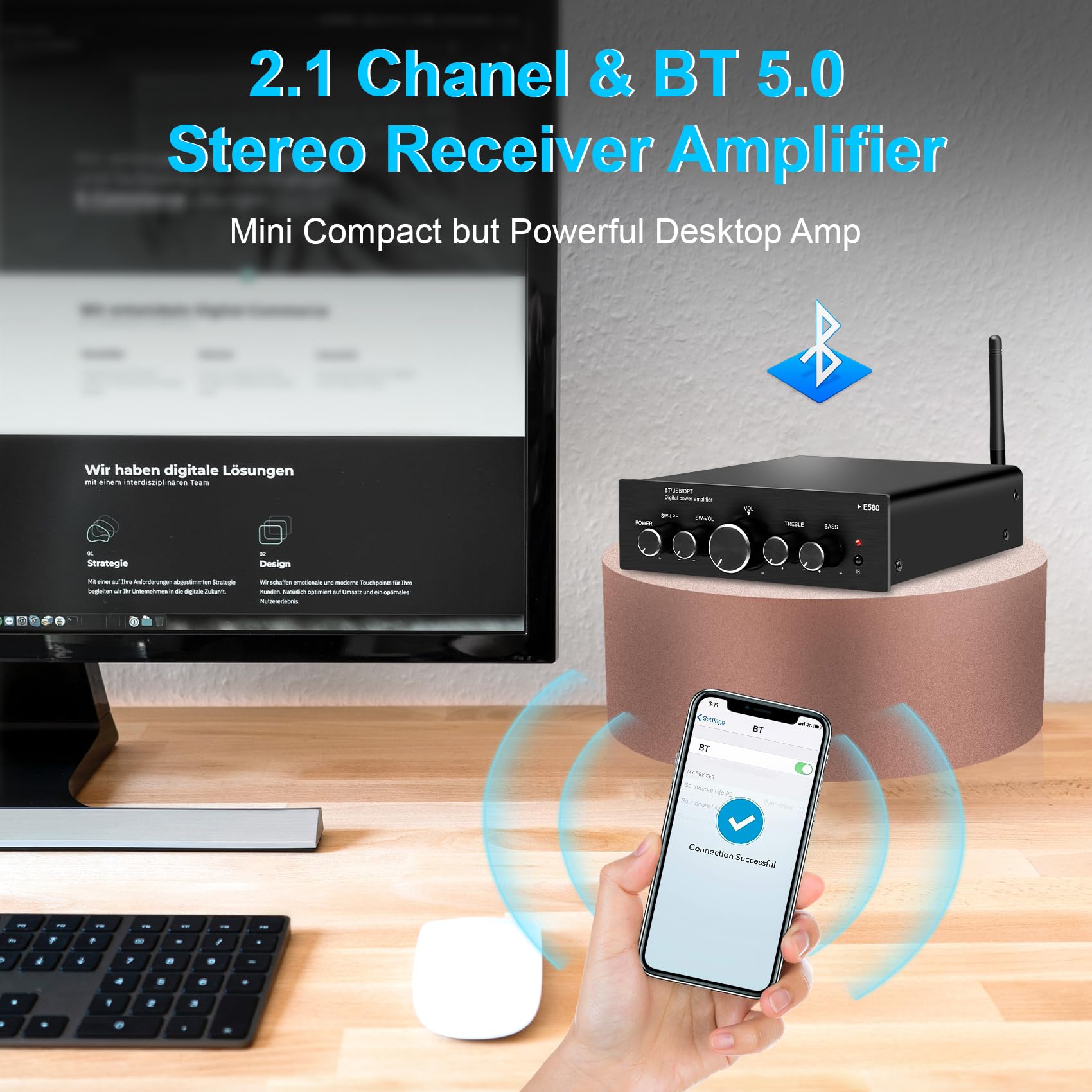 Daakro Stereo Audio Receiver Amplifier,100W Bluetooth 5.0 Mini Hi-Fi Audio Amp,2.1 Channel Amplifier Receiver with Bass and Treble Control for Home Outdoor Speakers/Subwoofer (with Power Supply)