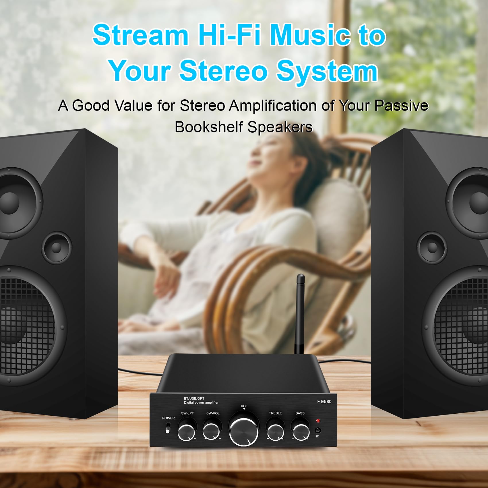 Daakro Stereo Audio Receiver Amplifier,100W Bluetooth 5.0 Mini Hi-Fi Audio Amp,2.1 Channel Amplifier Receiver with Bass and Treble Control for Home Outdoor Speakers/Subwoofer (with Power Supply)