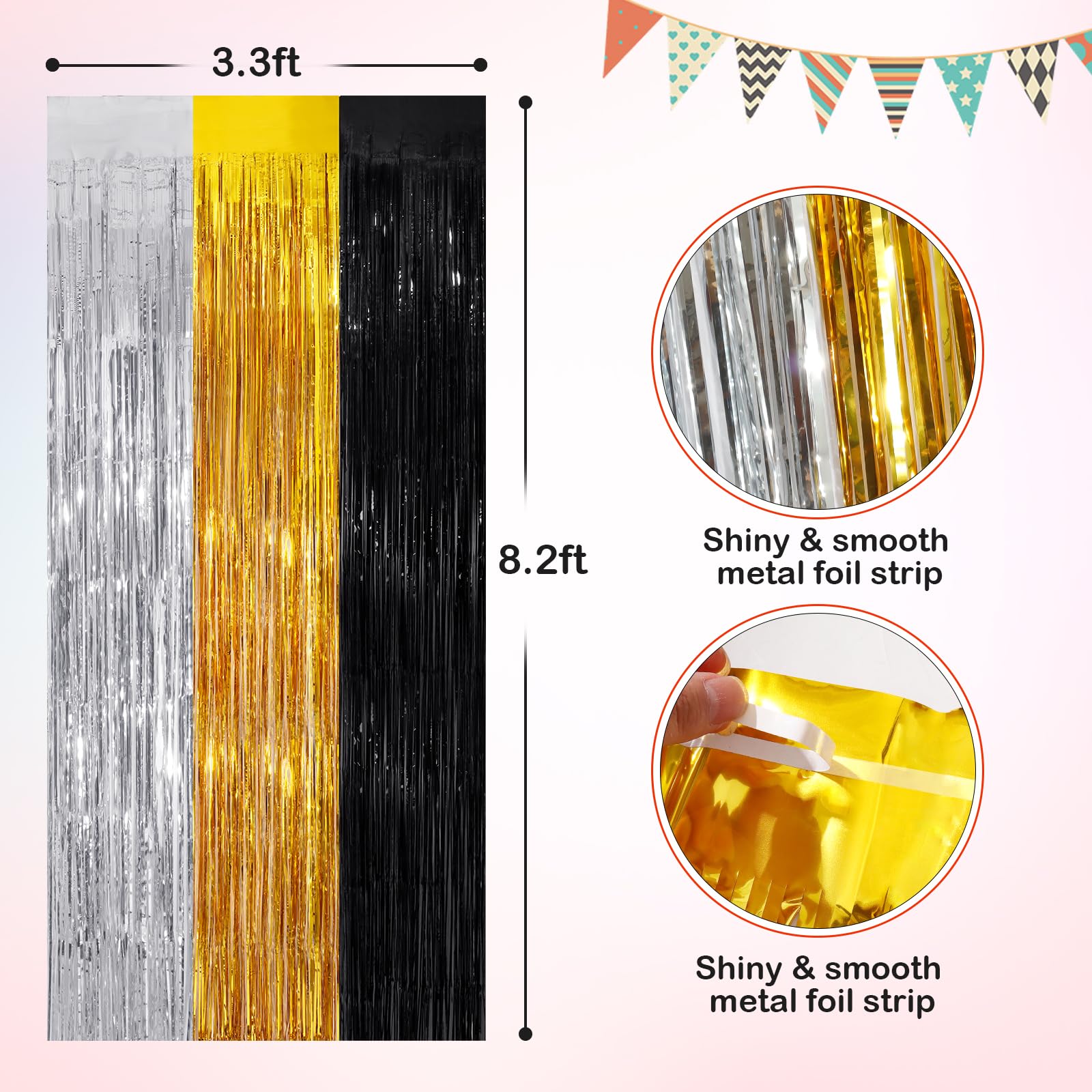 Black Gold Silver Metallic Tinsel Foil Fringe Curtains, 2 Pack 3.3x8.3 Feet Streamer Backdrop Curtains for Birthday Party Decorations, Halloween Decor, Foil Curtain Backdrop for Bachelorette Party