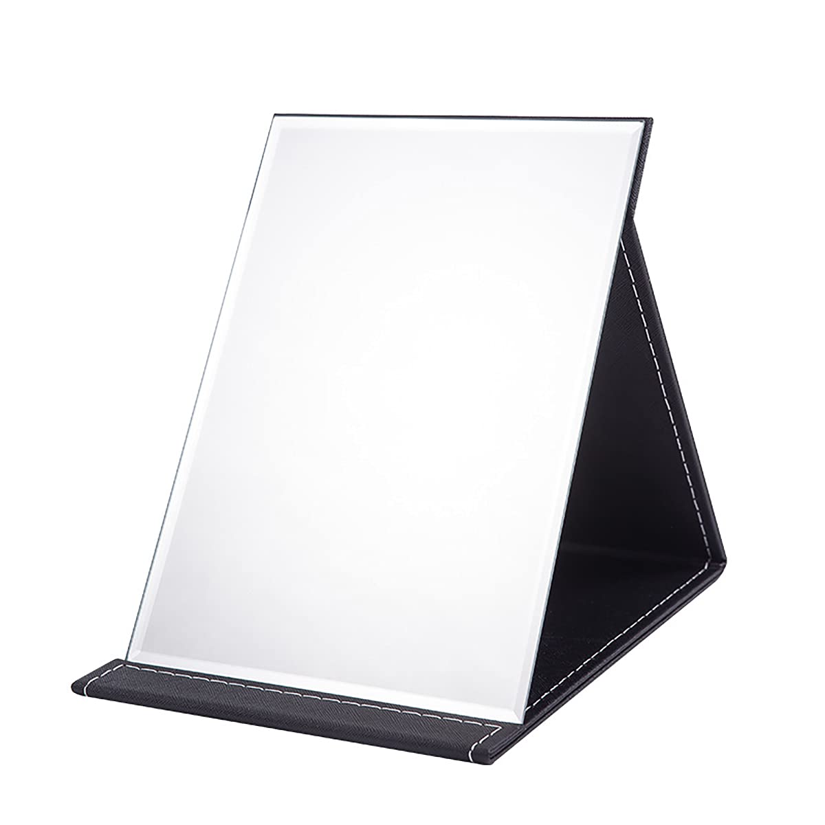 PSG.LGD Makeup Mirror,Portable Folding Mirror with Adjustable Stand for Tabletop,PU Leather,Perfect Size for Camping,Vocation,Home Vanity and Office Desk,Black