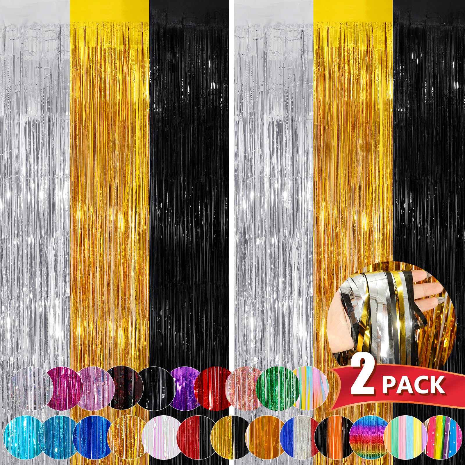 Black Gold Silver Metallic Tinsel Foil Fringe Curtains, 2 Pack 3.3x8.3 Feet Streamer Backdrop Curtains for Birthday Party Decorations, Halloween Decor, Foil Curtain Backdrop for Bachelorette Party