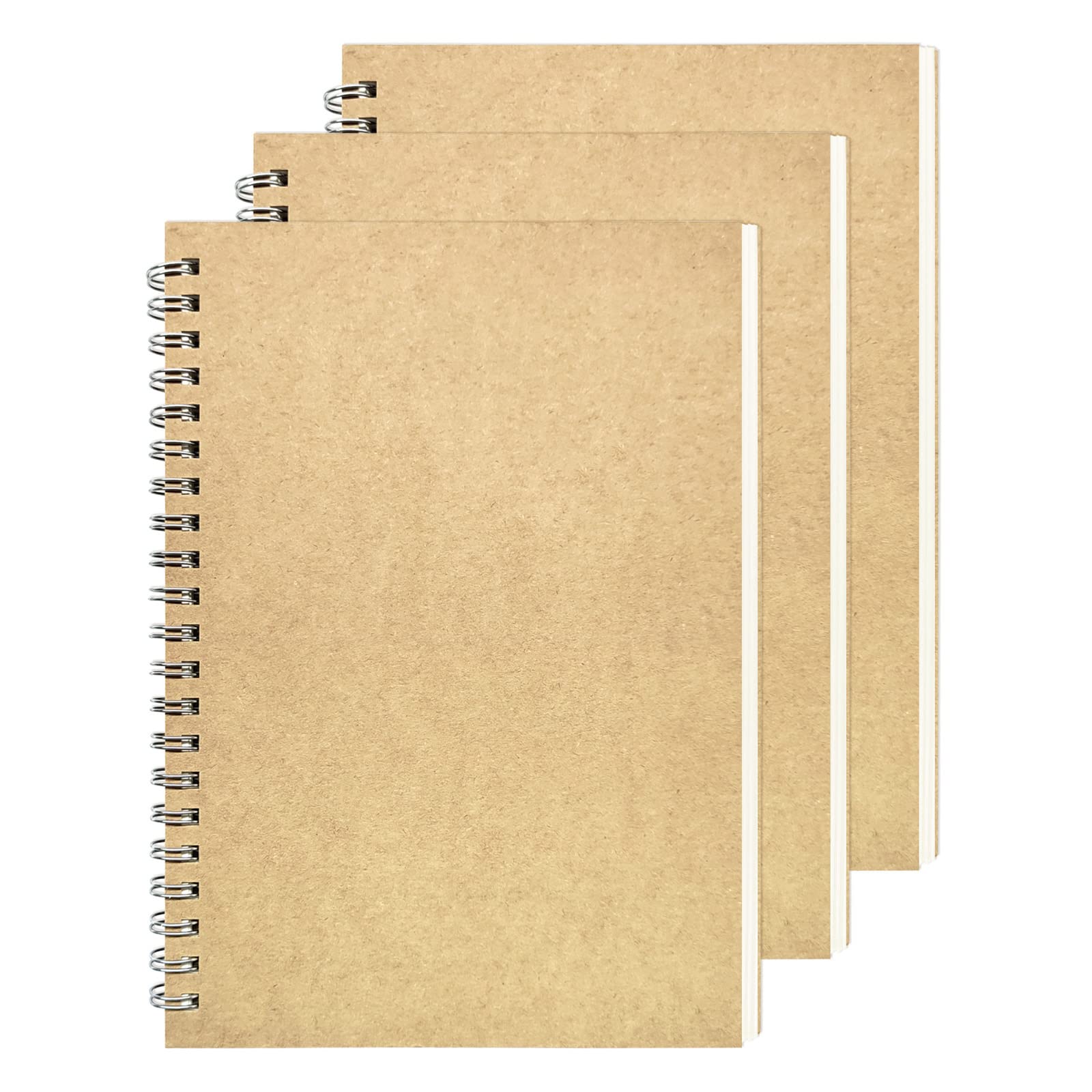 DSTELIN Blank Spiral Notebook, 3-Pack, Soft Cover, Sketch book, 100 Pages / 50 Sheets, 7.5 inch x 5.1 inch, 100GSM, (Brown)