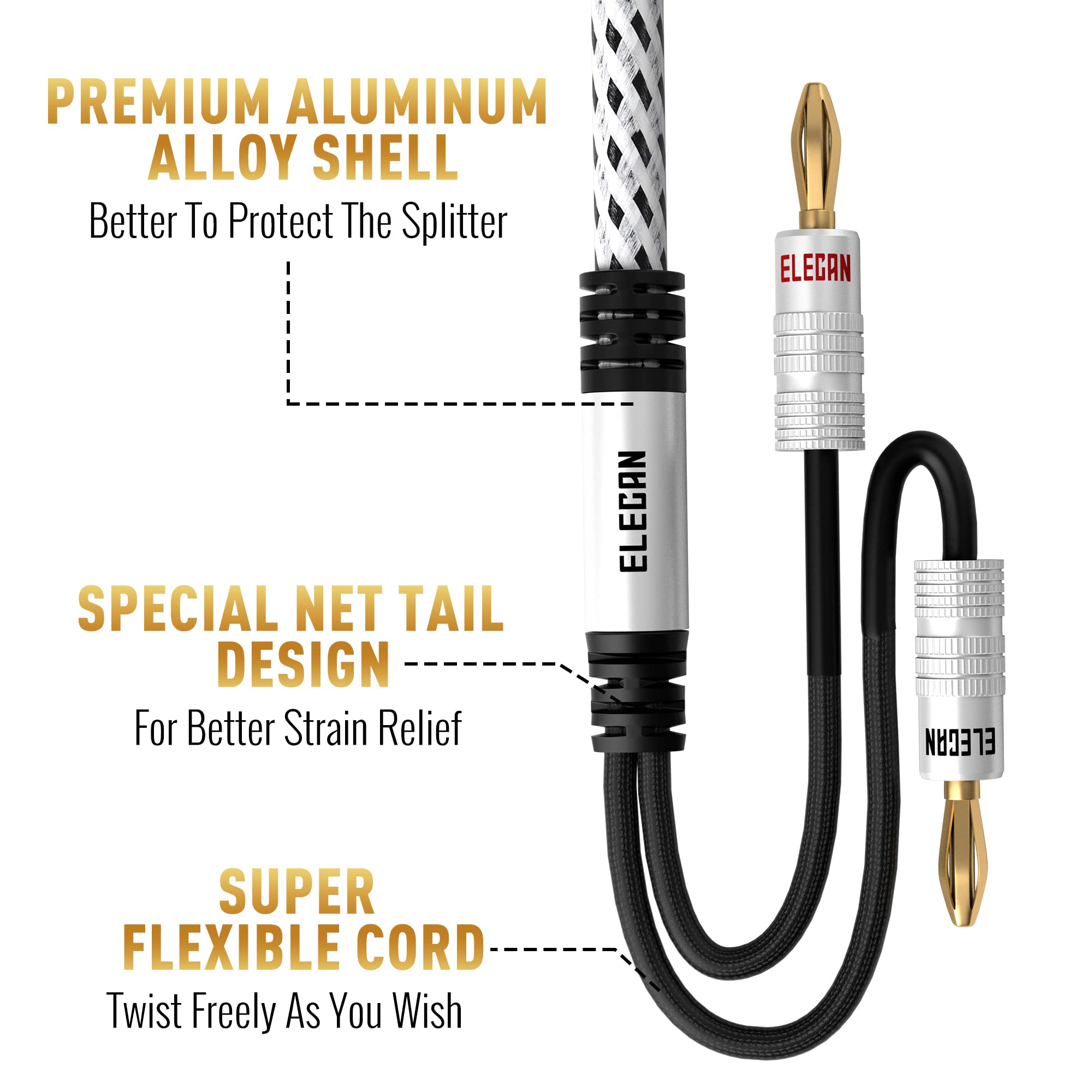 Elecan 14 AWG Speaker Cable Wire 50 Feet with Gold-Plated Banana Tip Plugs-CL2 Rated-in Wall-Heavy Duty Nylon Braided, Oxygen-Free Copper (OFC)-White-with 5 Cable Ties