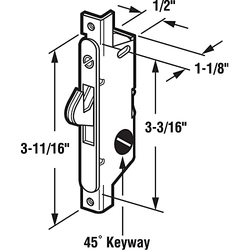 PRIME-LINE E 2121 Mortise Lock - Adjustable, Spring-Loaded Hook Latch Projection for Sliding Patio Doors Constructed of Wood, Aluminum and Vinyl, 3-11/16โ, 45 Degree Keyway, Round Face , Zinc