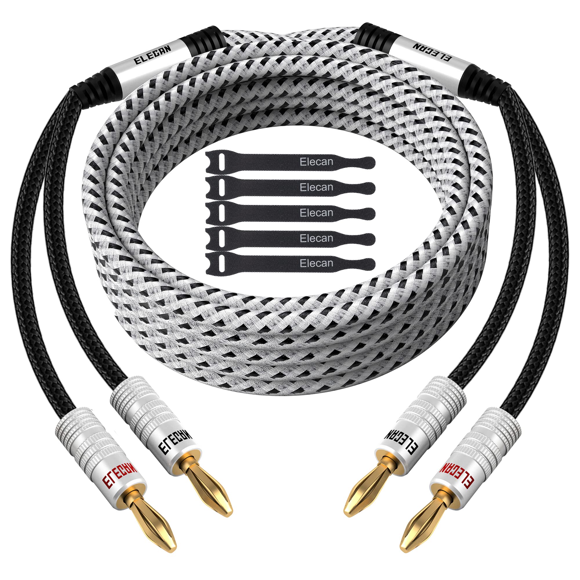 Elecan 14 AWG Speaker Cable Wire 50 Feet with Gold-Plated Banana Tip Plugs-CL2 Rated-in Wall-Heavy Duty Nylon Braided, Oxygen-Free Copper (OFC)-White-with 5 Cable Ties