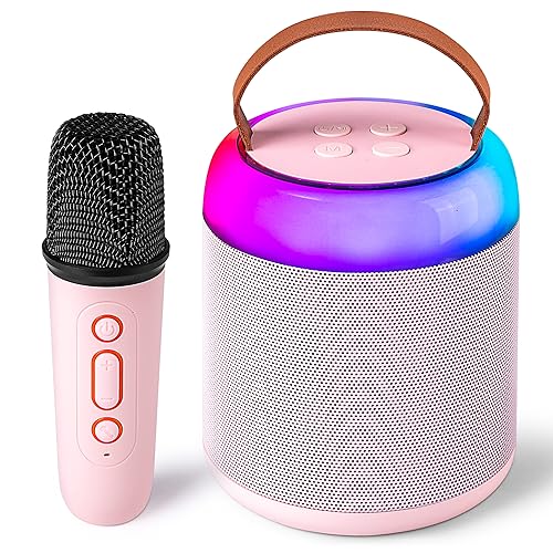 Mini Karaoke Machine with 1 Wireless Microphones for Kids Adults, Portable Bluetooth Speaker Toy for Girls and Boys 2 4 5 6 7 8 9 10 12 Year Old Girl Christmas Birthday Gift Home Party Ideas (Pink)