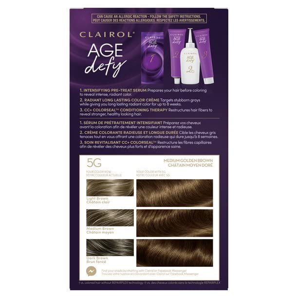Clairol Age Defy Permanent Hair Dye, 5G Medium Golden Brown Hair Color, Pack of 3