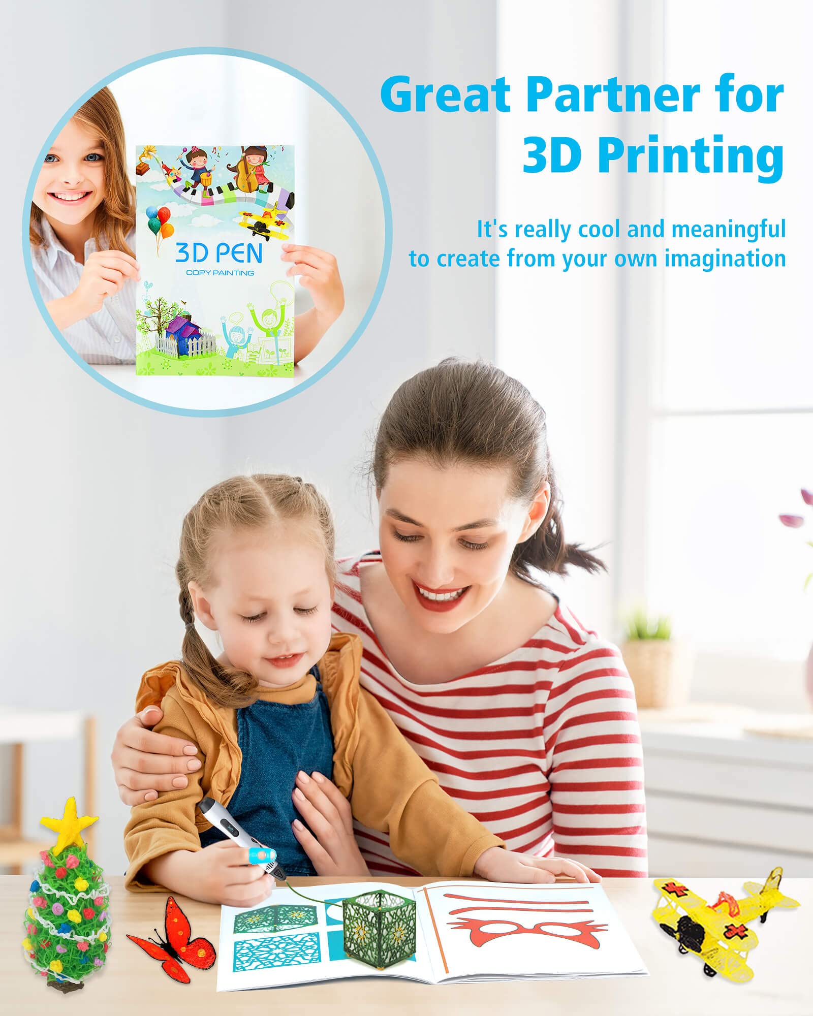 3D Pen Printing Drawing Book, Reusable Colored 40 Pattern Thick Paper Templates with Two Clear Plate, 3D Painting Graffiti Stencils for Kids DIY Gifts, Vomika (Good Time)