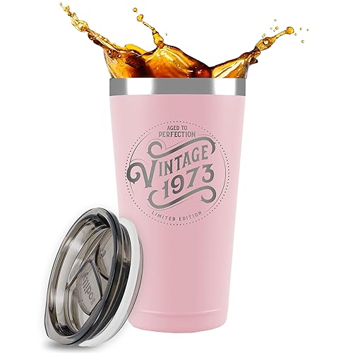 50th Birthday Gifts for Women Men - 1973 Vintage 16 oz Blush Coffee Tumbler - 50th Birthday Decorations for Women - Birthday Gifts 50 Year Old Women Mom - 50th Birthday Idea Presents for Woman